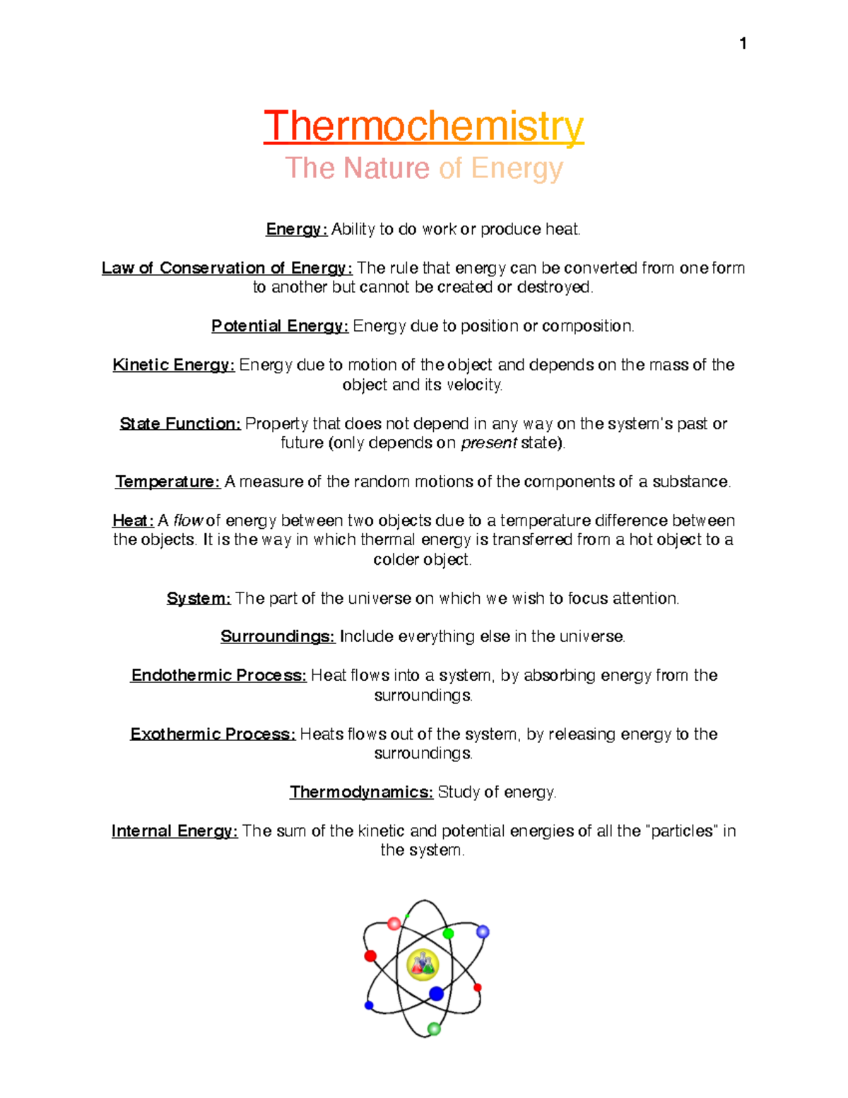 Thermochemistry Study Guide - 1 Thermochemistry The Nature of Energy ...