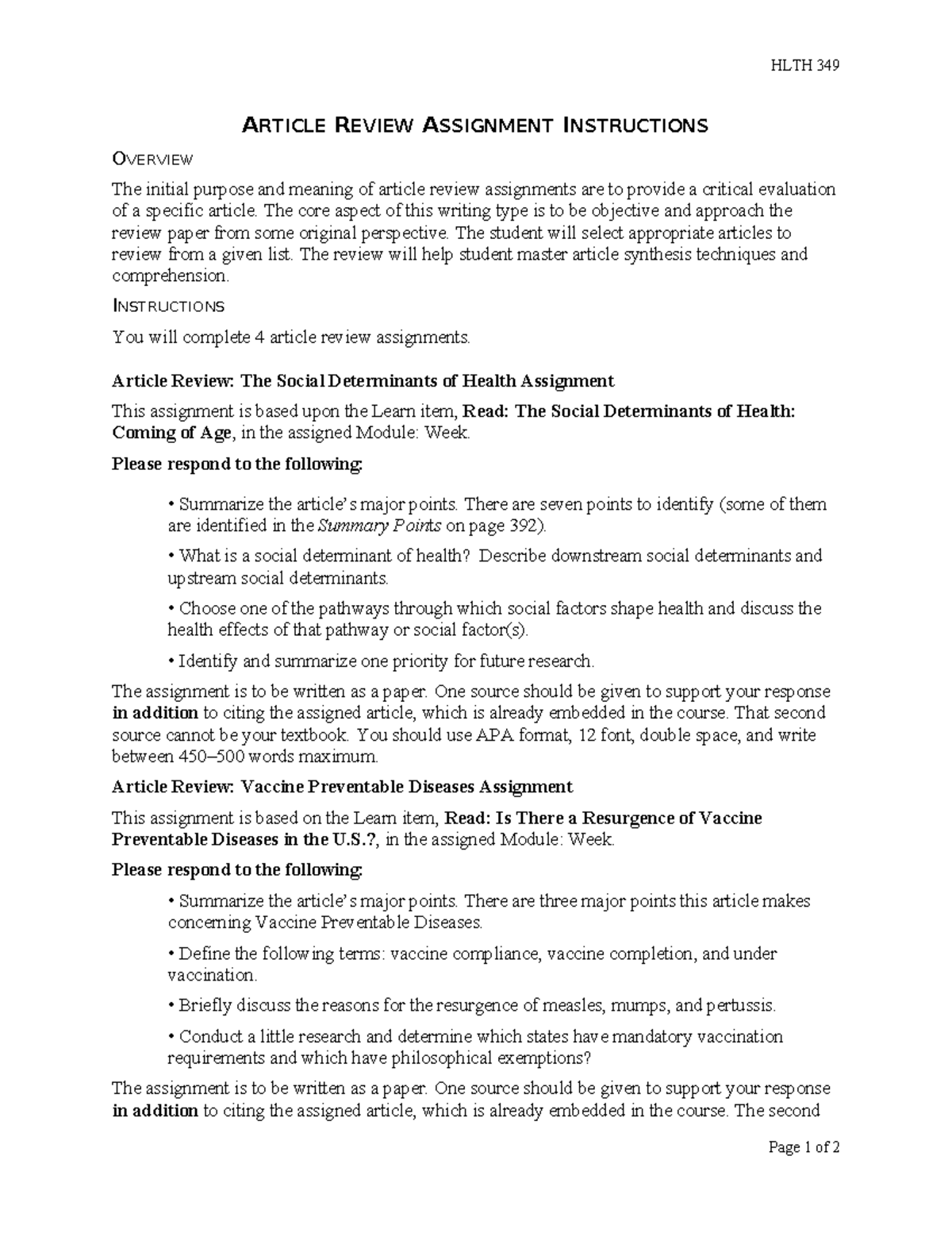 Article Review Assignment Instructions - HLTH 349 ARTICLE REVIEW ...