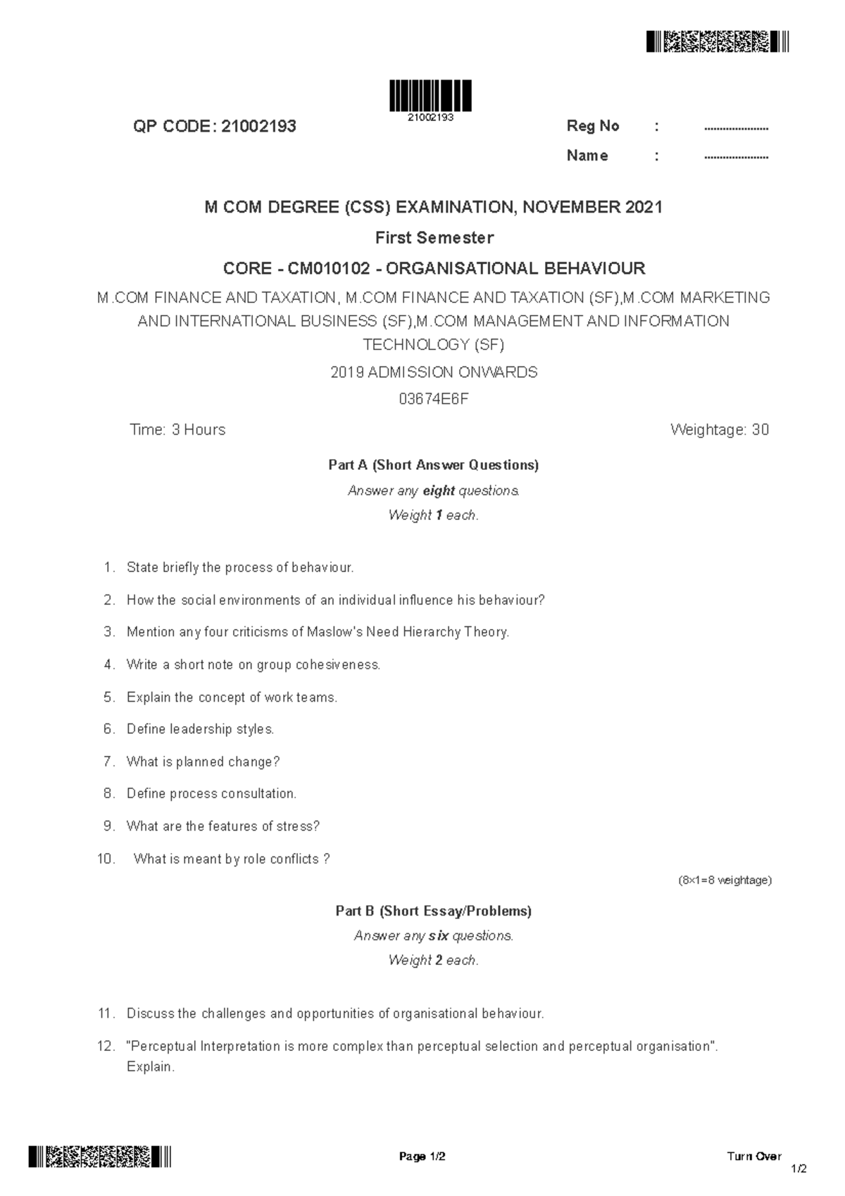 Mcom3 - Mcom question paper - 1/ QP CODE: 21002193 Reg No ...