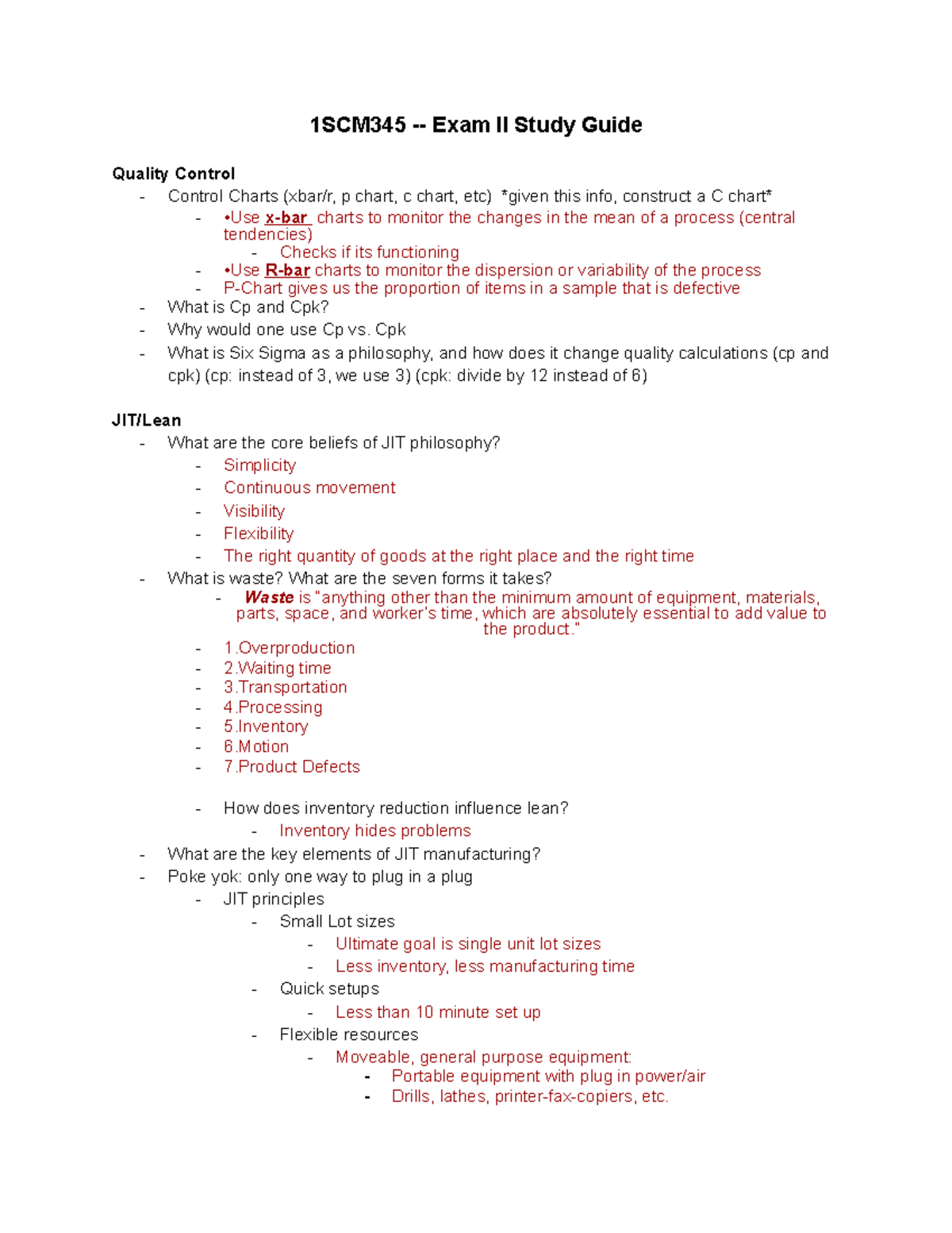 SCM345 - Exam II Study Guide - 1SCM345 - Exam II Study Guide Quality ...