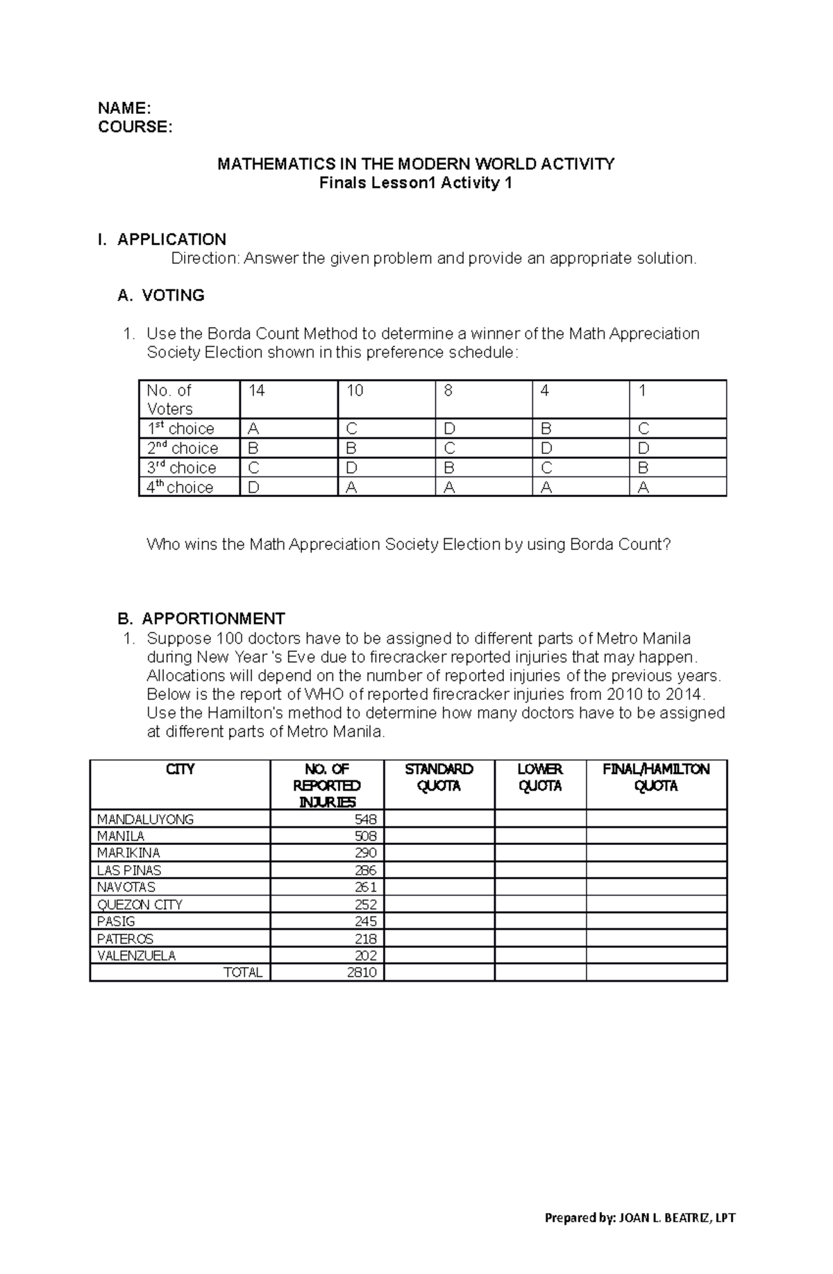 Math-Finals 2 - uyyyyy - NAME: COURSE: MATHEMATICS IN THE MODERN WORLD ...