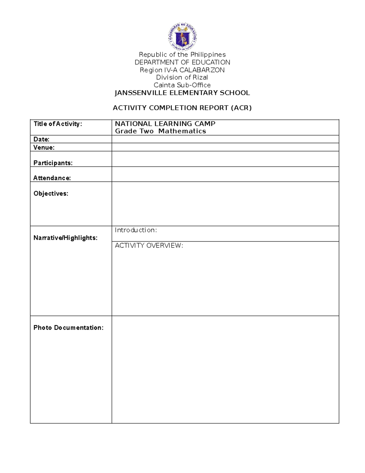 Activity Completion Report ACR on NLC Janssenville ES 2 - Bsed - math ...