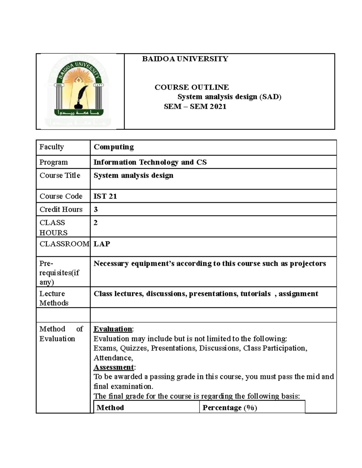 SAD Course outline - Lecture notes 1-3 - BAIDOA UNIVERSITY COURSE ...