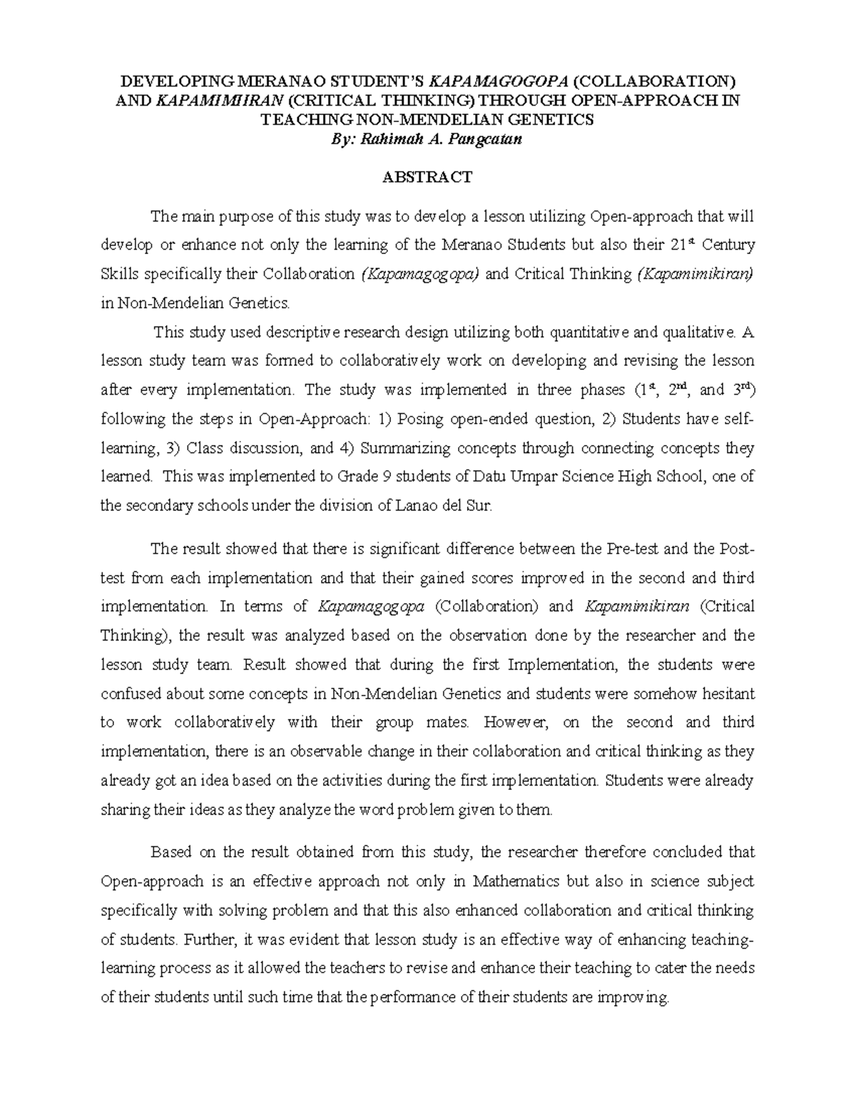 Pangcatan Abstract - DEVELOPING MERANAO STUDENT’S KAPAMAGOGOPA ...