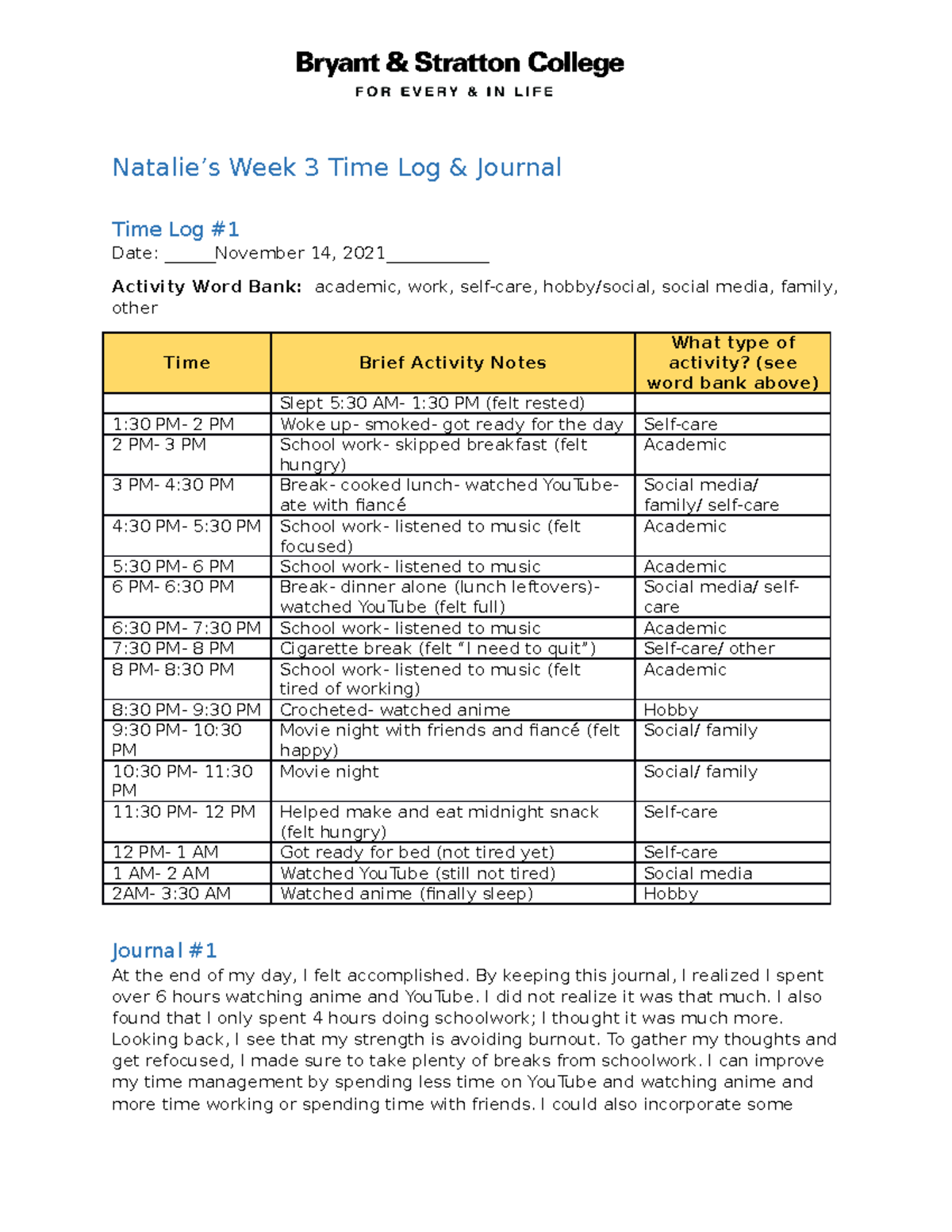 Comm 104 Time Log Journal Assessment finished - Natalie’s Week 3 Time ...
