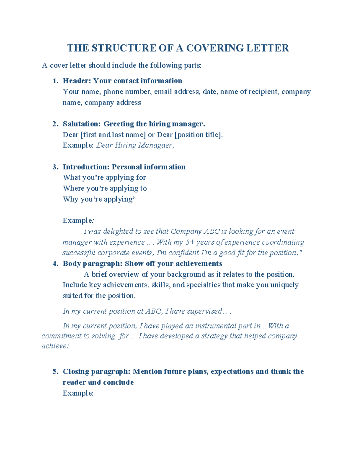 The Structure of a covering letter - THE STRUCTURE OF A COVERING LETTER ...