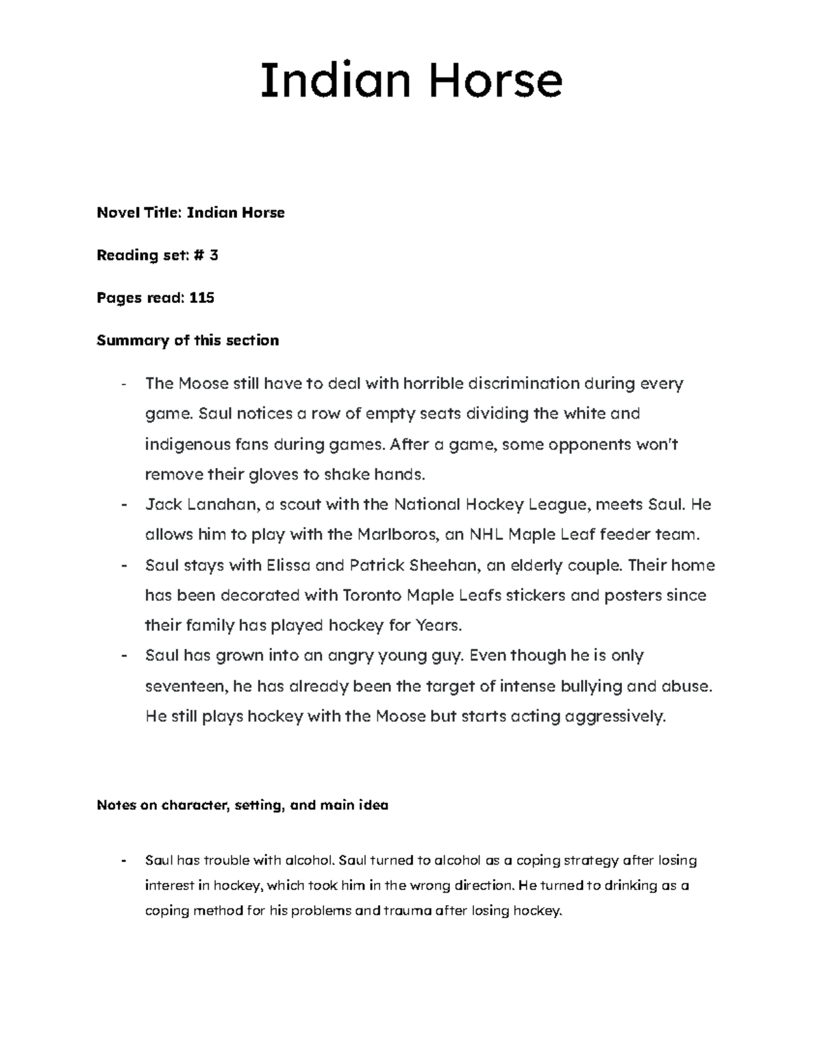 Third Novel notes - ;'''' - Novel Title: Indian Horse Reading set: # 3 ...