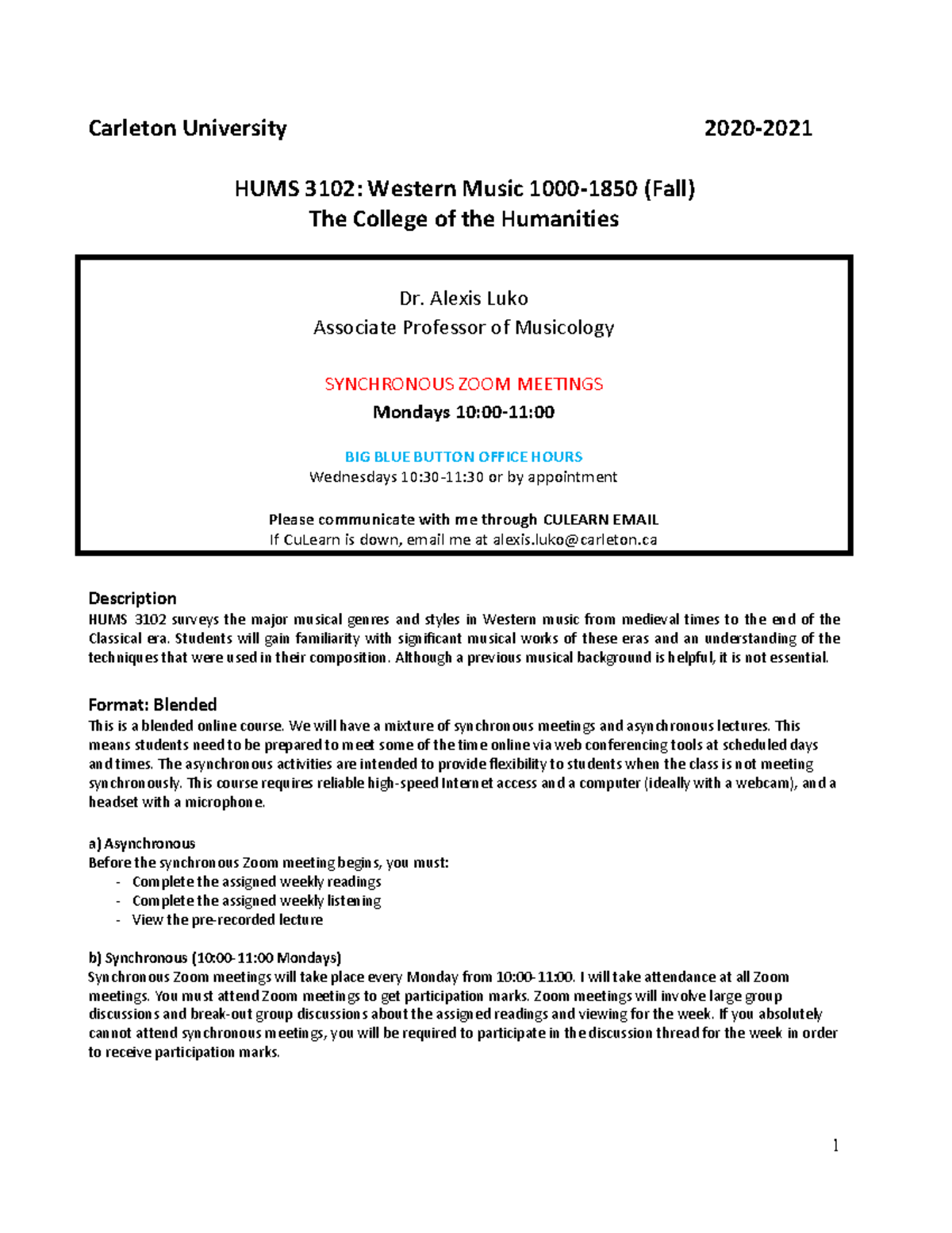 HUMS 3102A Fall 2020 Course Outline Alexis Luko - Carleton University ...