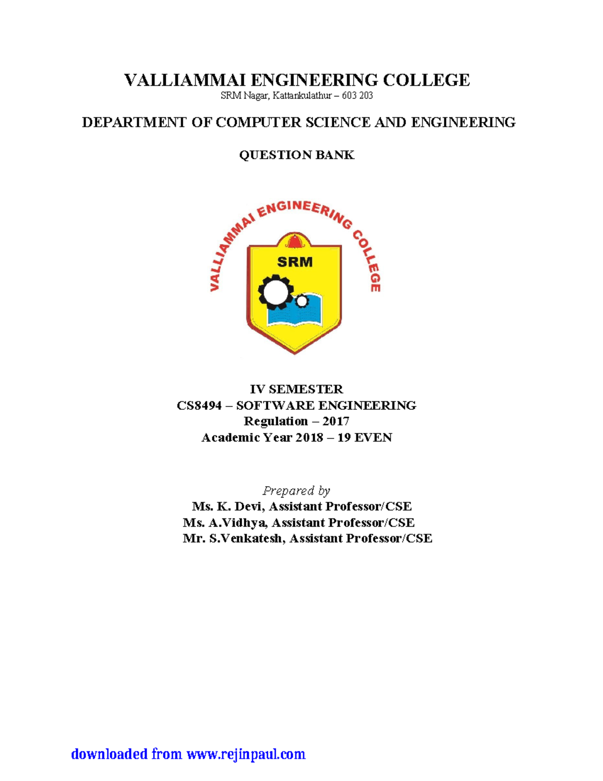 CS8494-Software Engineering - VALLIAMMAI ENGINEERING COLLEGE SRM Nagar ...