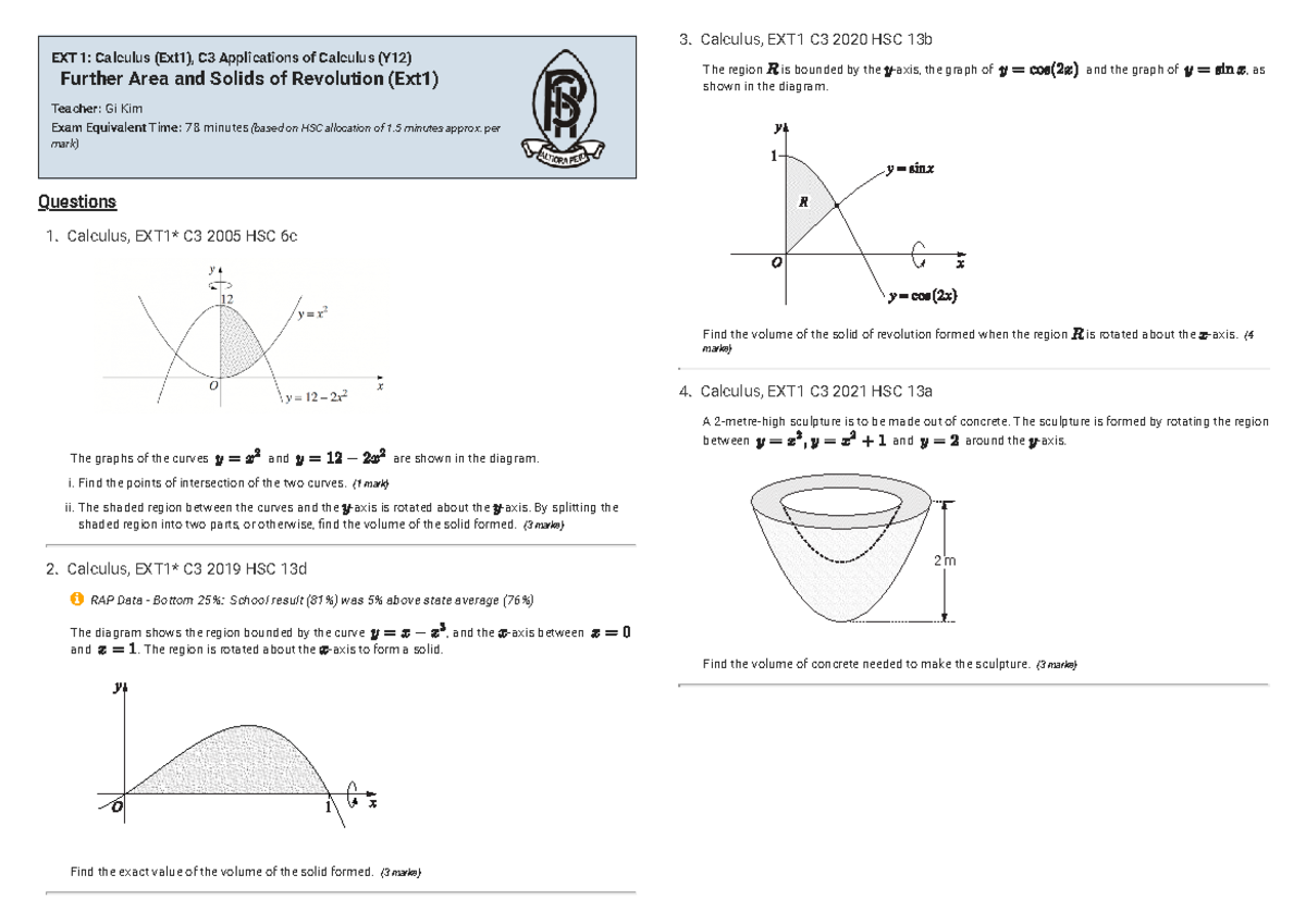 Past HSC Qs (Further area n volume) - 1. Calculus, EXT1* C3 2005 HSC 6c ...