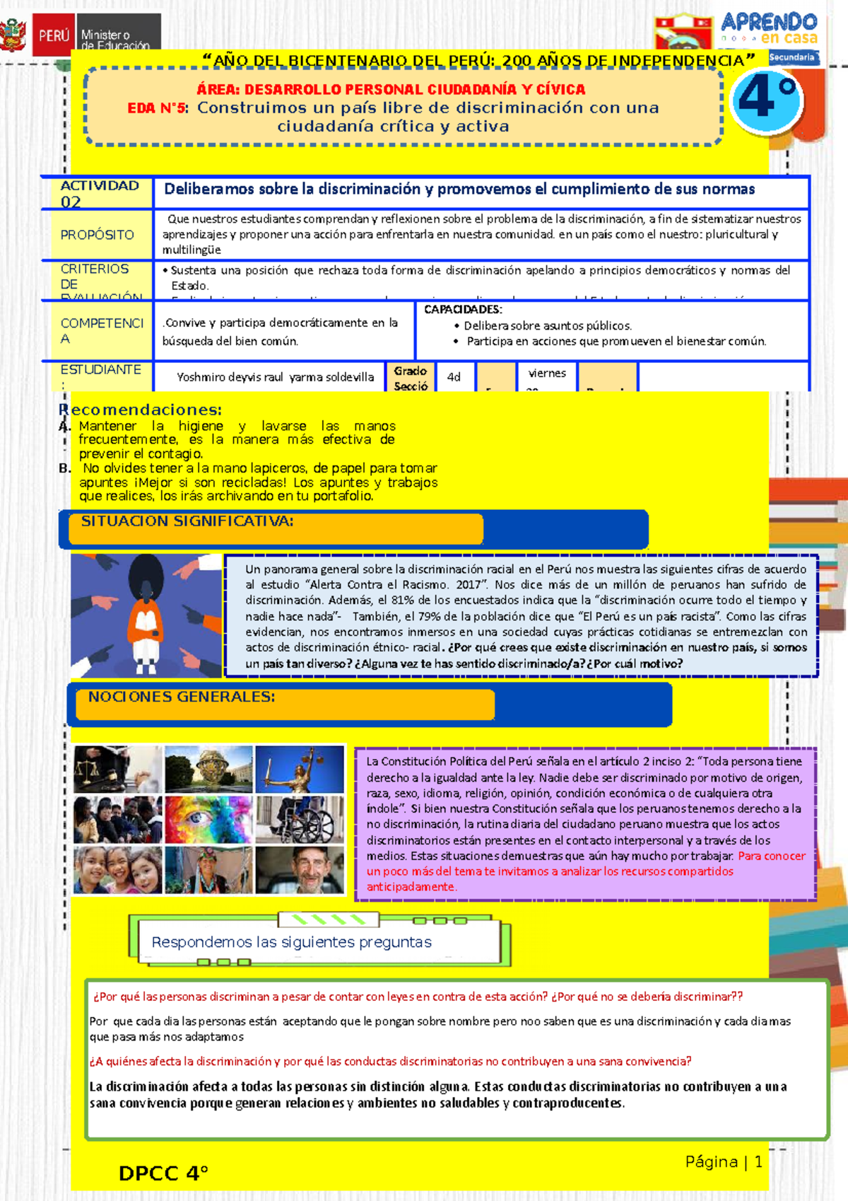 4 DPCC- ACT. 02-5ta EDA - rrrrrrrrrrrrrrrrrrrrrr - “AÑO DEL BICENTENARIO DEL PERÚ: 200 AÑOS DE ...
