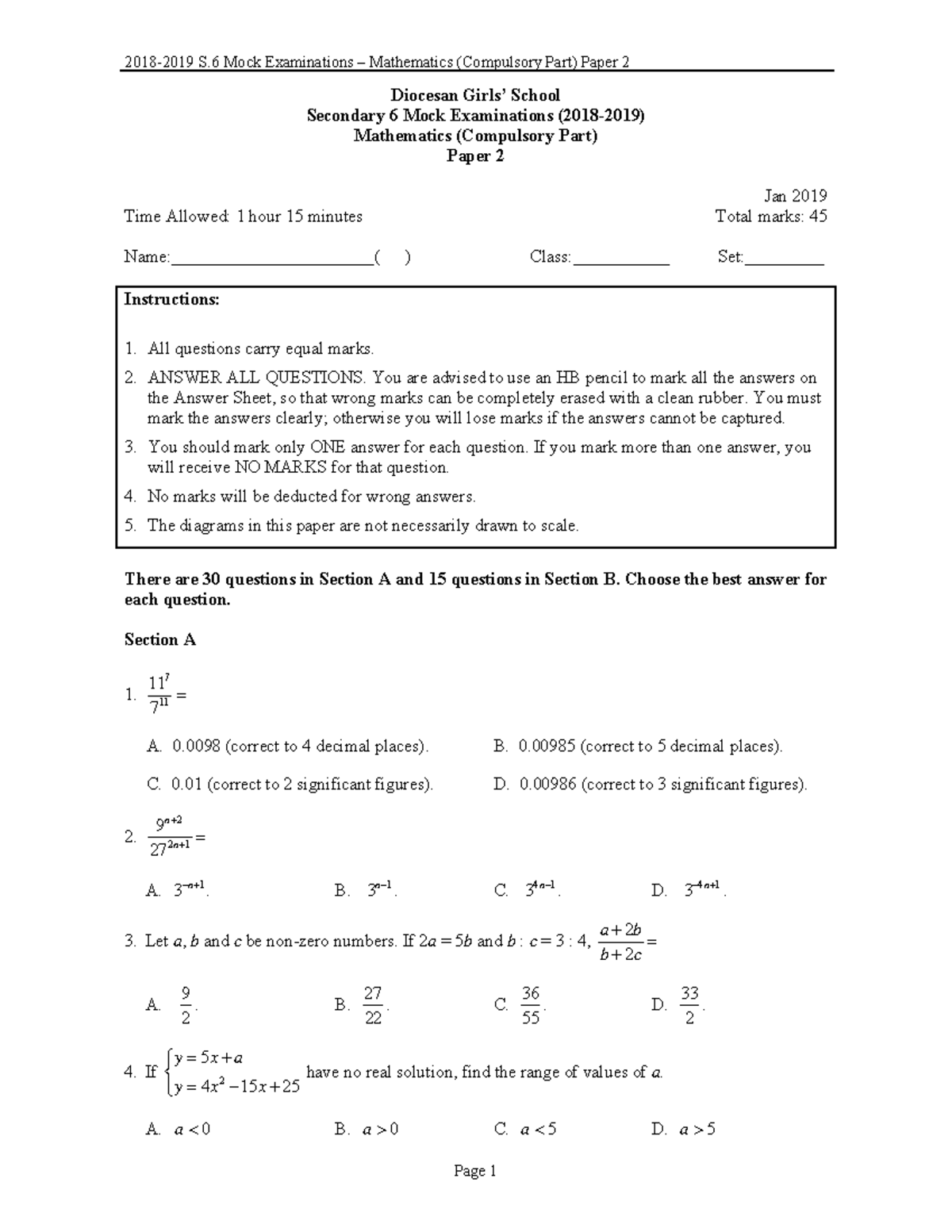 Copy of 2018-19 S6 Maths (Compulsory) Mock Exam Paper 2 - Diocesan ...