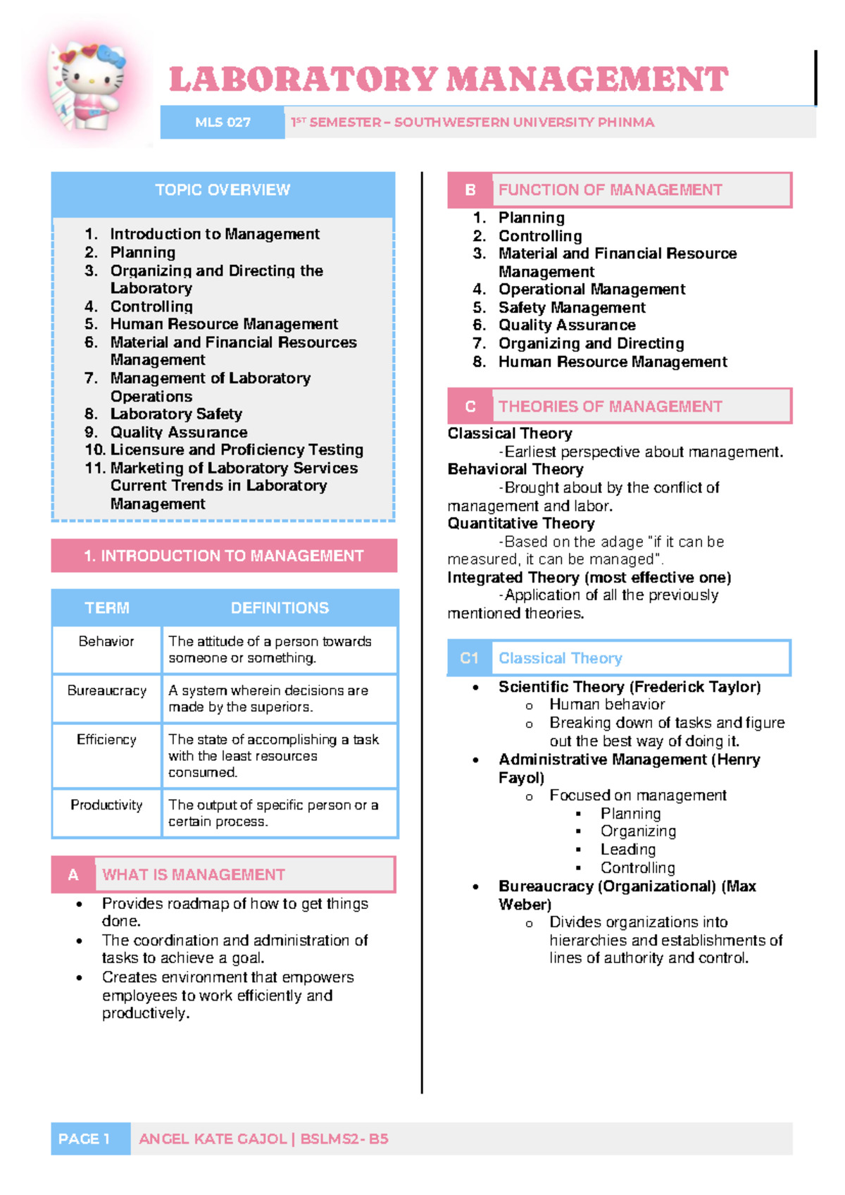 Laboratory- Management - MLS 027 1 ST SEMESTER – SOUTHWESTERN ...