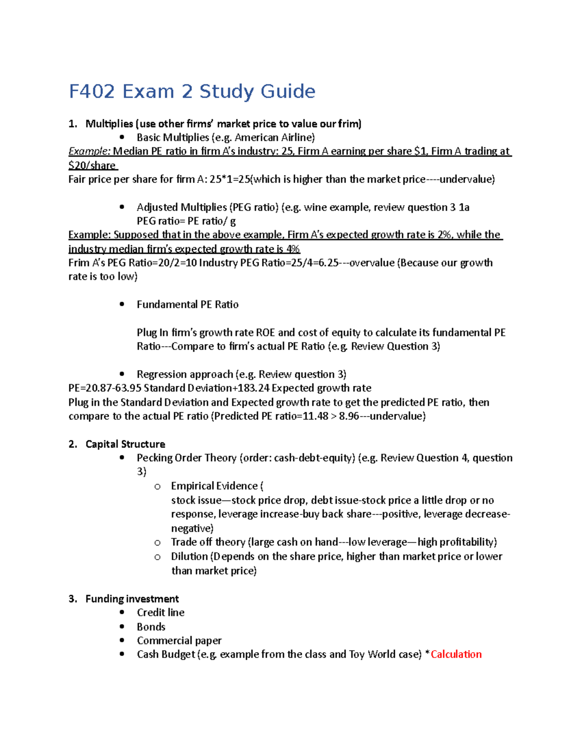 F402 Exam 2 Study Guide - F402 Exam 2 Study Guide 1. Multiplies (use ...