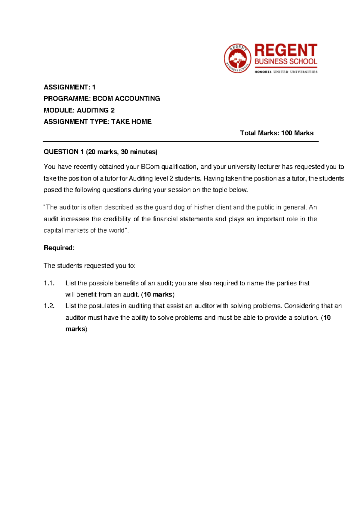 Assignment 1 - Auditing 2 Jan 2024 intake (amended) - ASSIGNMENT: 1 PROGRAMME: BCOM ACCOUNTING ...