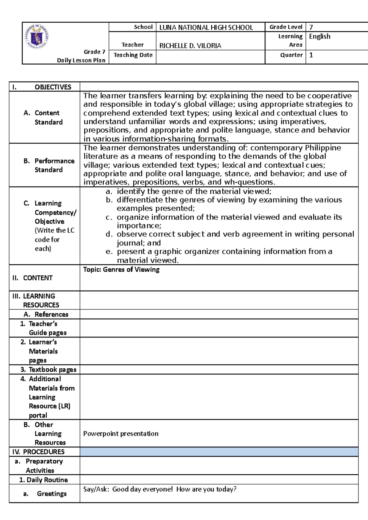DLP Grade 7-English-week 2 - Grade 7 Daily Lesson Plan School LUNA ...