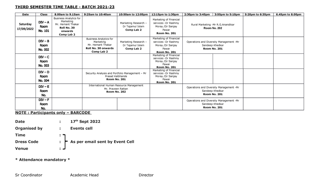 Srs TT for 17th Sep, 2022 - THIRD SEMESTER TIME TABLE - BATCH 2021 ...