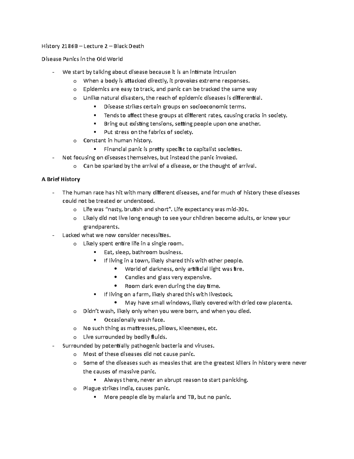 History 2186B Lecture 2 Notes - History 2186B – Lecture 2 – Black Death ...