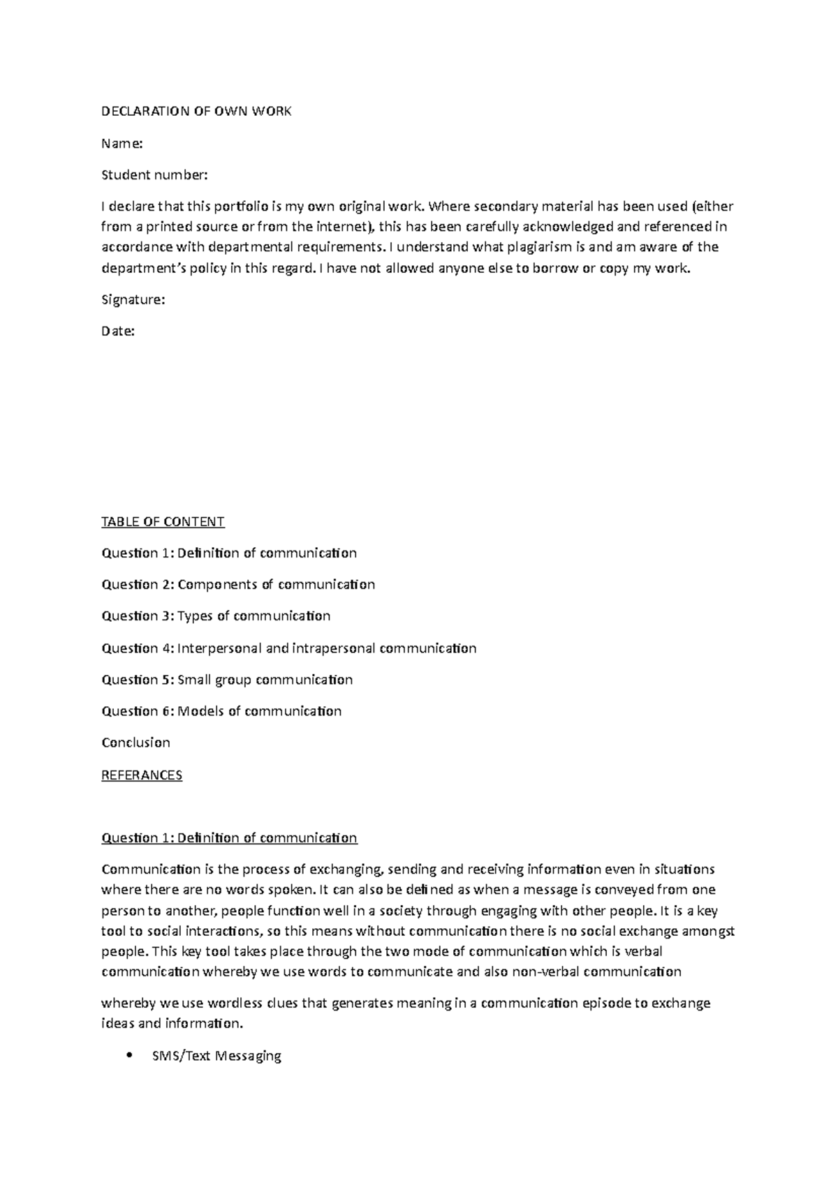 DPR1501 PORT - good - DECLARATION OF OWN WORK Name: Student number: I ...