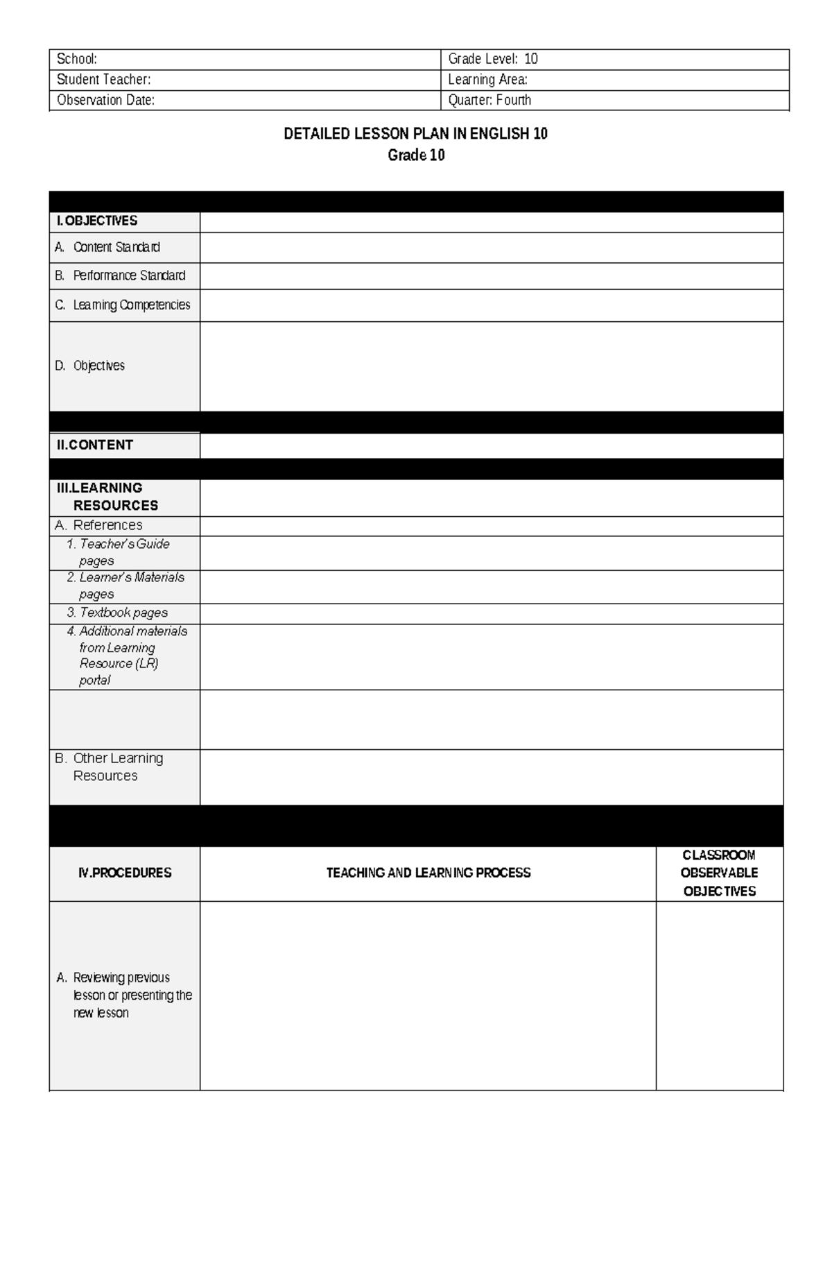 DLP Sample - Copy - School: Grade Level: 10 Student Teacher: Learning ...