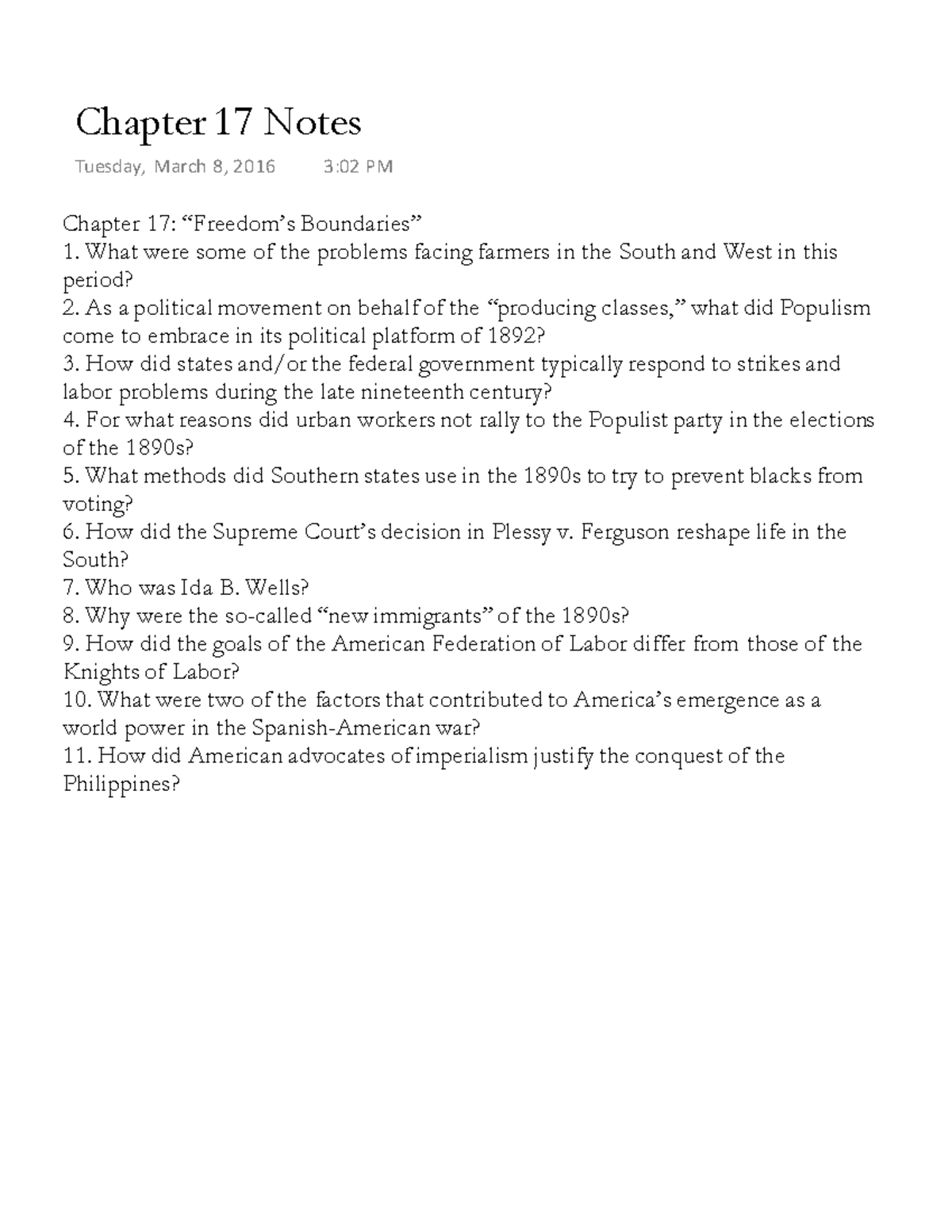 Chapter 17 Notes - Patrick Ettinger - Chapter 17 Notes Tuesday, March 8 ...