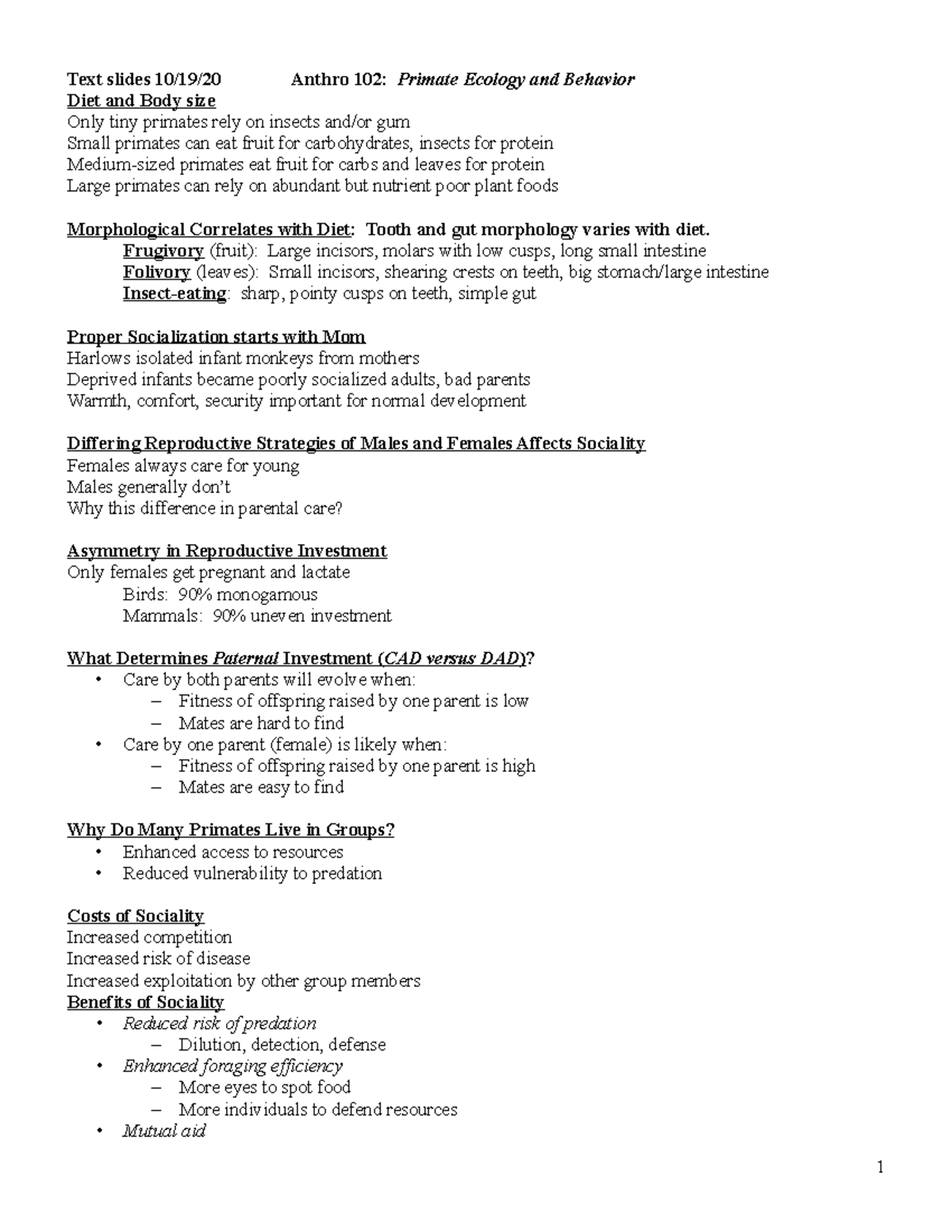 10-19 Lecture - Professor Tom Plummer - Text slides 10/19/20 Anthro 102 ...