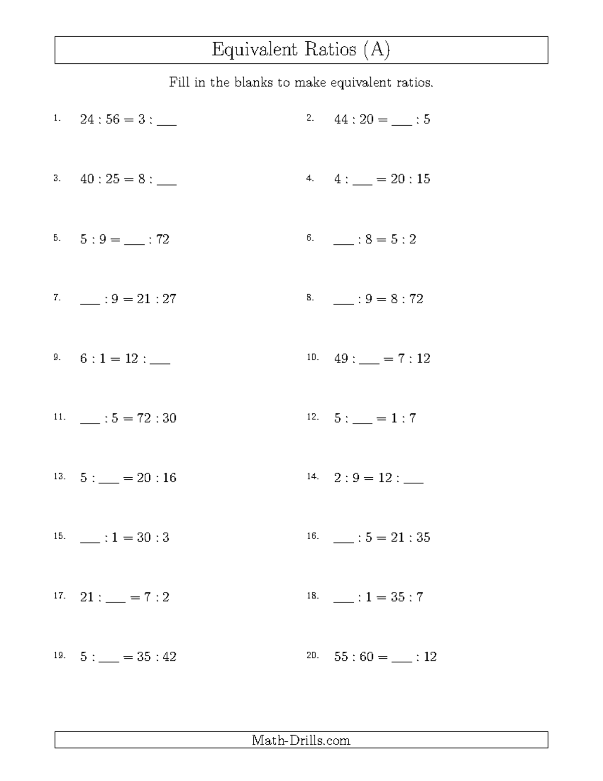Ratio equivalent missing number blank 001 - Equivalent Ratios (A) Fill ...