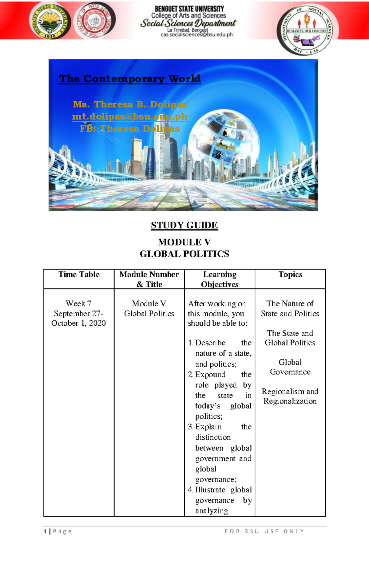 Ch05-Global-Politics - STUDY GUIDE MODULE V GLOBAL POLITICS Time Table ...