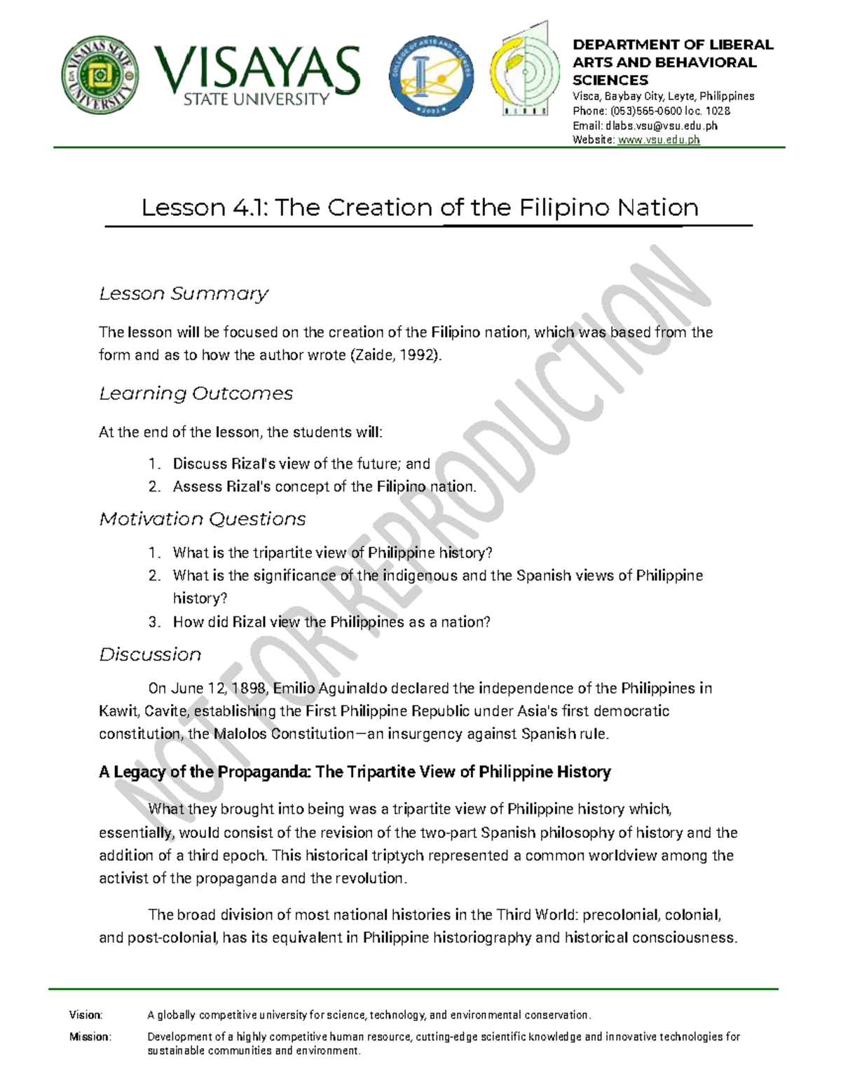 Lesson 4.1: The Creation of the Filipino Nation - Vision: A globally ...