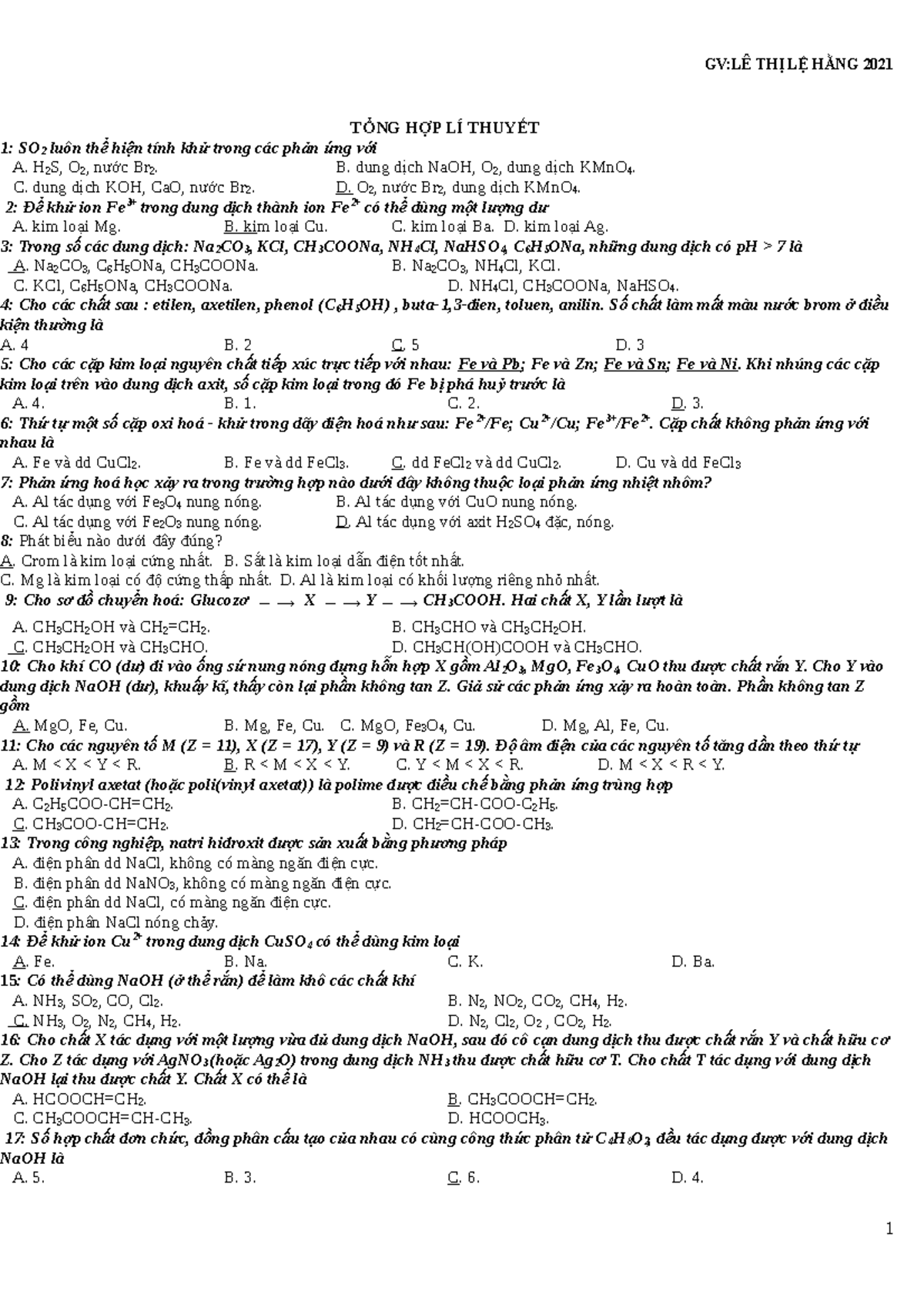 TONG HOP LY Thuyet - ggh - T ỔNG H ỢP LÍ THUY ẾT 1: SO 2 luôn th ể hi n ...