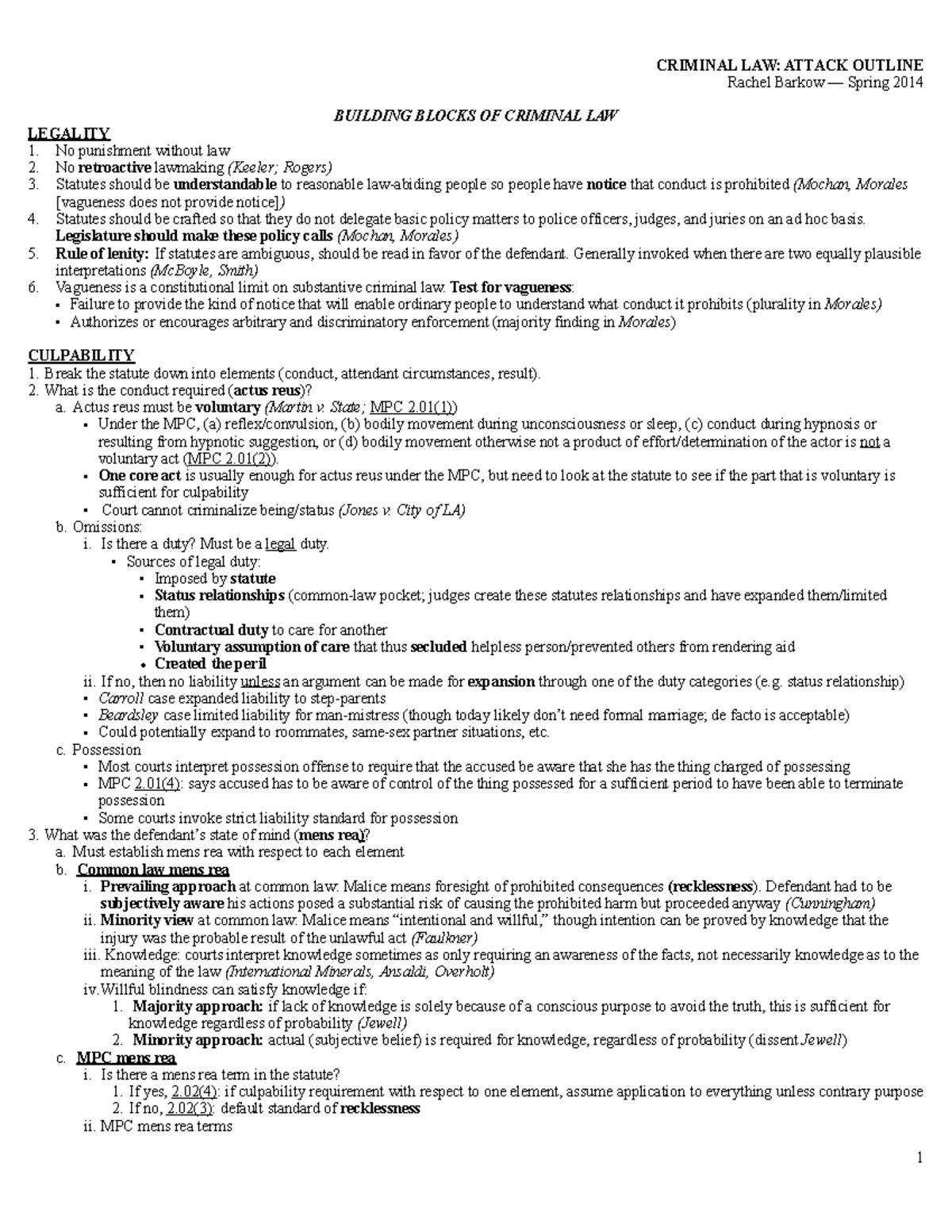 Barkow Criminal Law Course Attack Outline - Rachel Barkow — Spring 2014 ...
