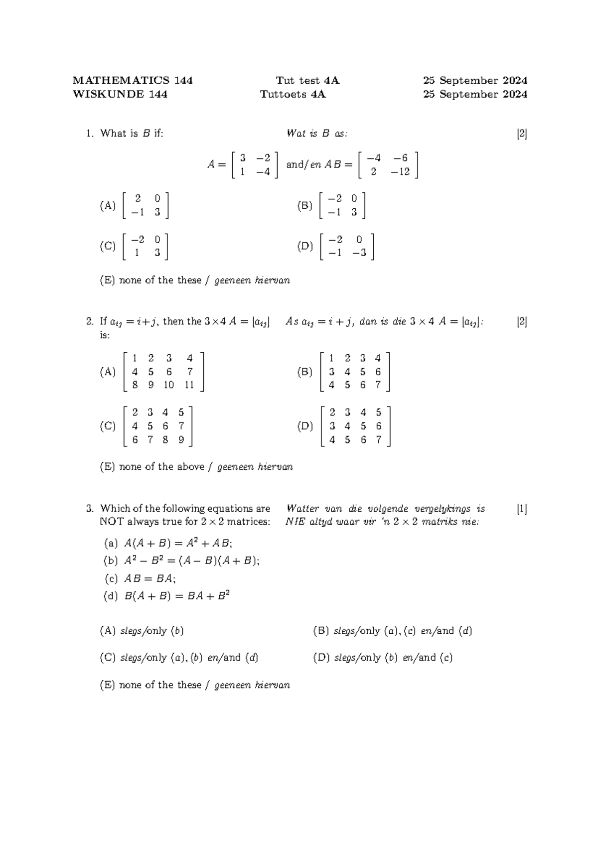 Tuttest 4 - math 144 - MATHEMATICS 144 Tut test 4A 25 September 2024 ...