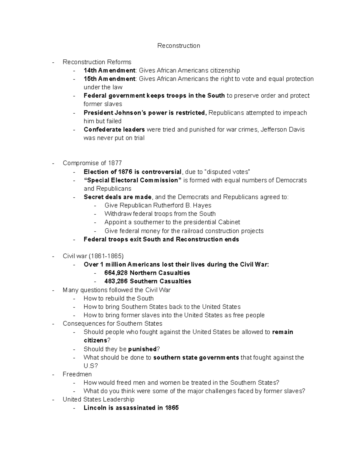 Notes For AP Exam - Use to pass any history test - Reconstruction ...