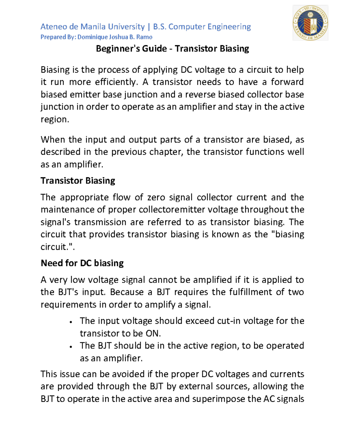 Beginner's Guide - Transistor Biasing - Prepared By: Dominique Joshua B. Ramo Beginner's Guide ...