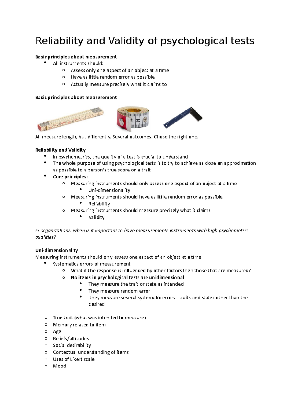 Reliability and Validity of psychological tests Notes - Reliability and ...