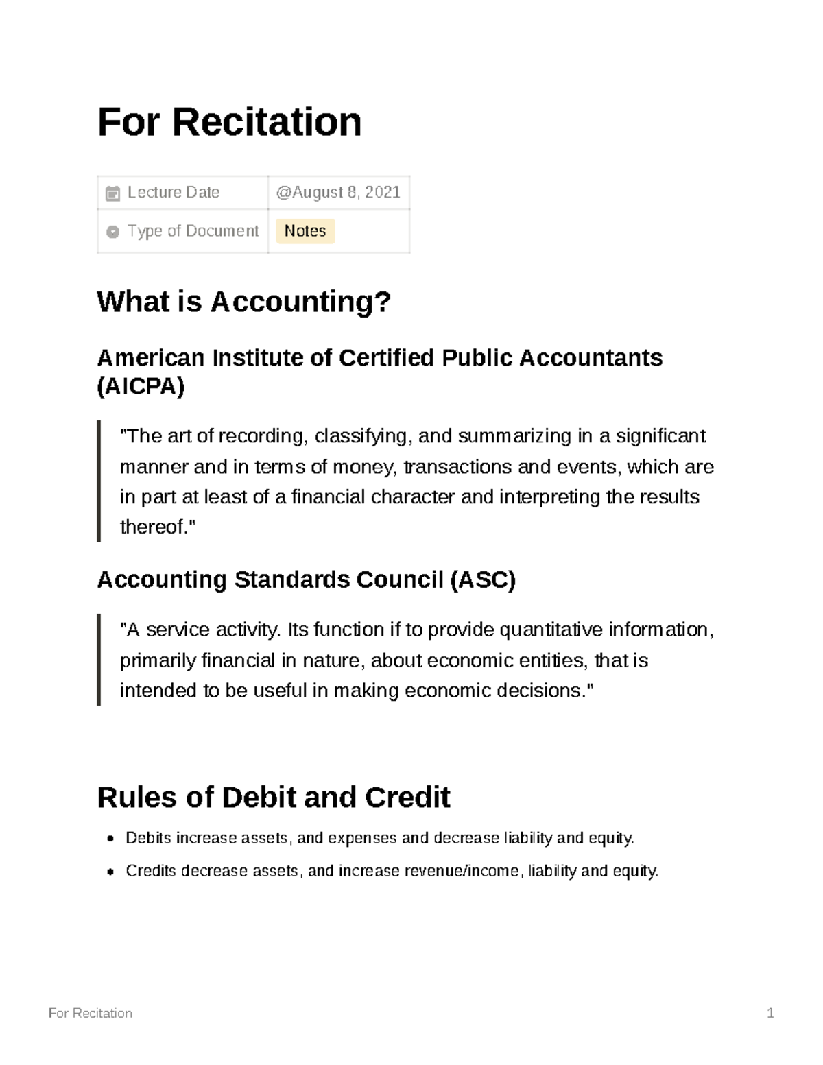 For Recitation - Brief overview of what is accounting - For Recitation ...
