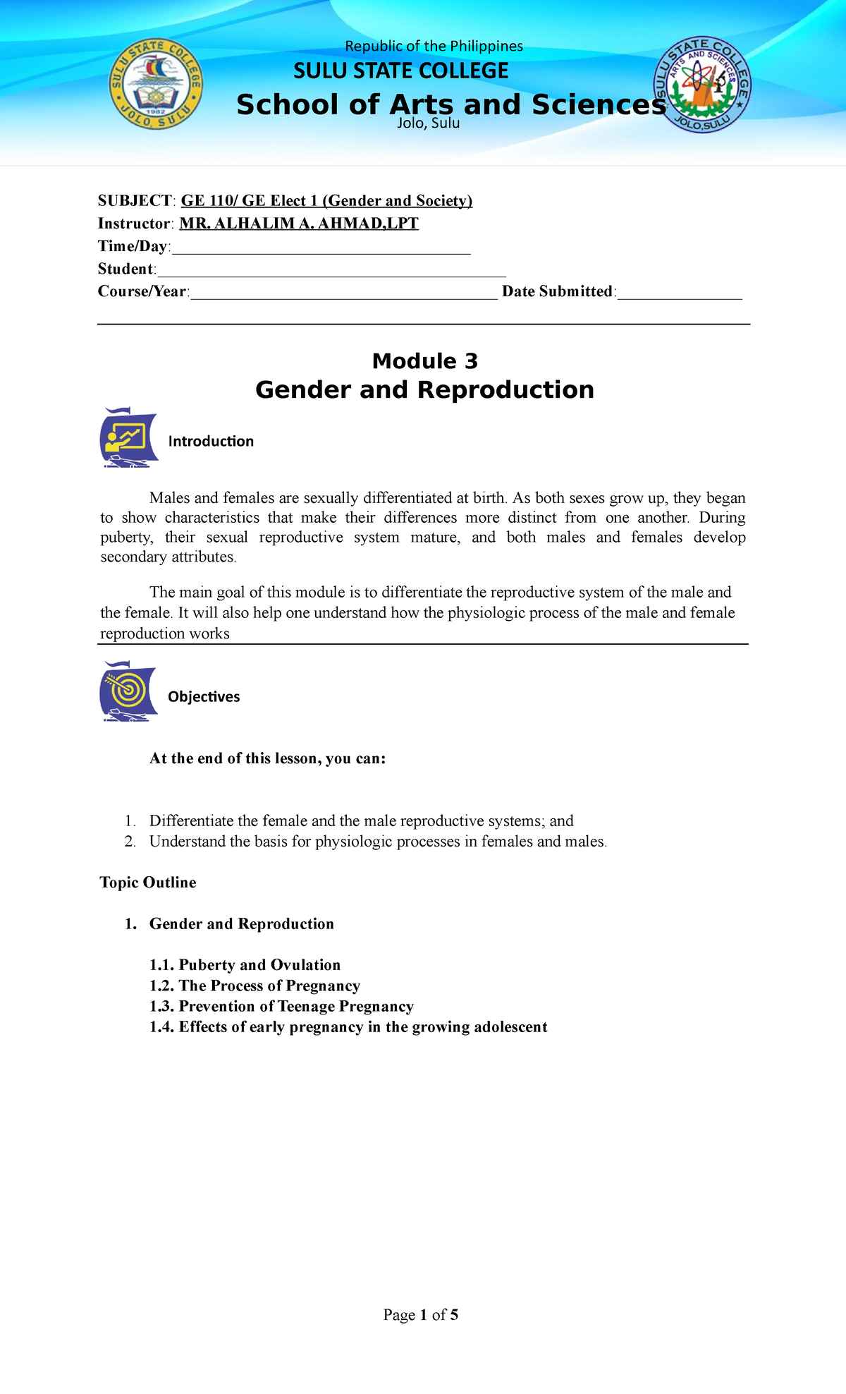 Gender module 3 - Ge 110 - SUBJECT: GE 110/ GE Elect 1 (Gender and ...