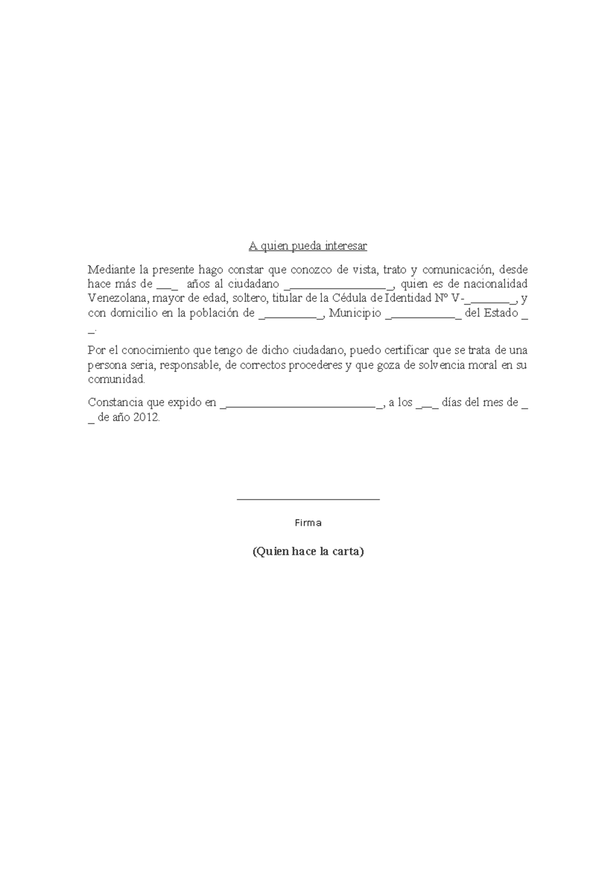 Modelo de Referencia personal - A quien pueda interesar Mediante la ...