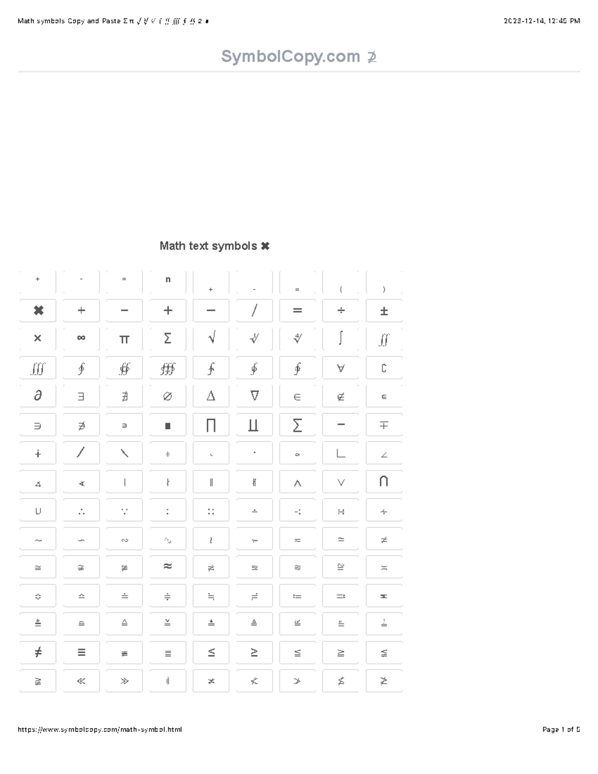 Math symbols Σ π √ ∛ ∜ ∫ ∬ ∭ ∮ ∯ ∅ ⋓ - Math text symbols SymbolCopy ⊉⊉ ...