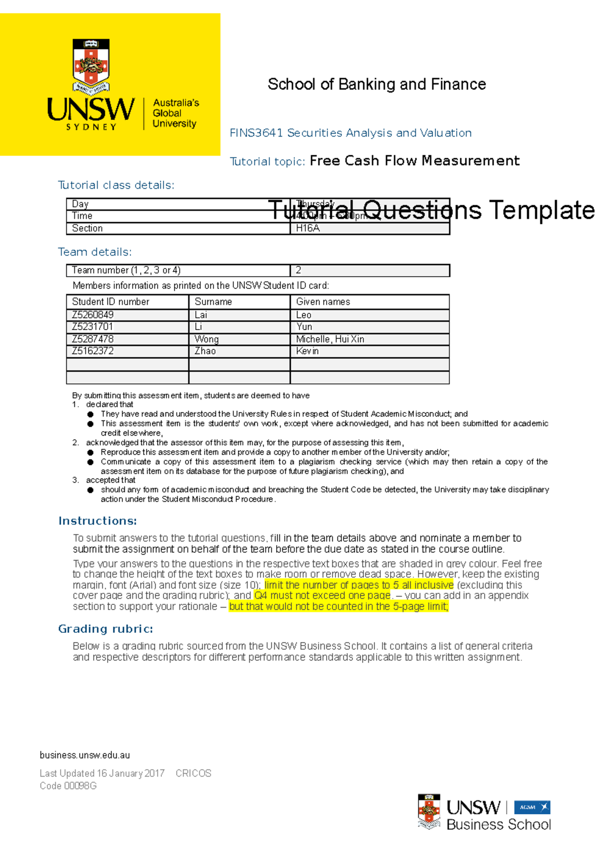 H16A - Team 2 W05 Tut template FCF measurement T3 Final-2 - FINS3641 ...