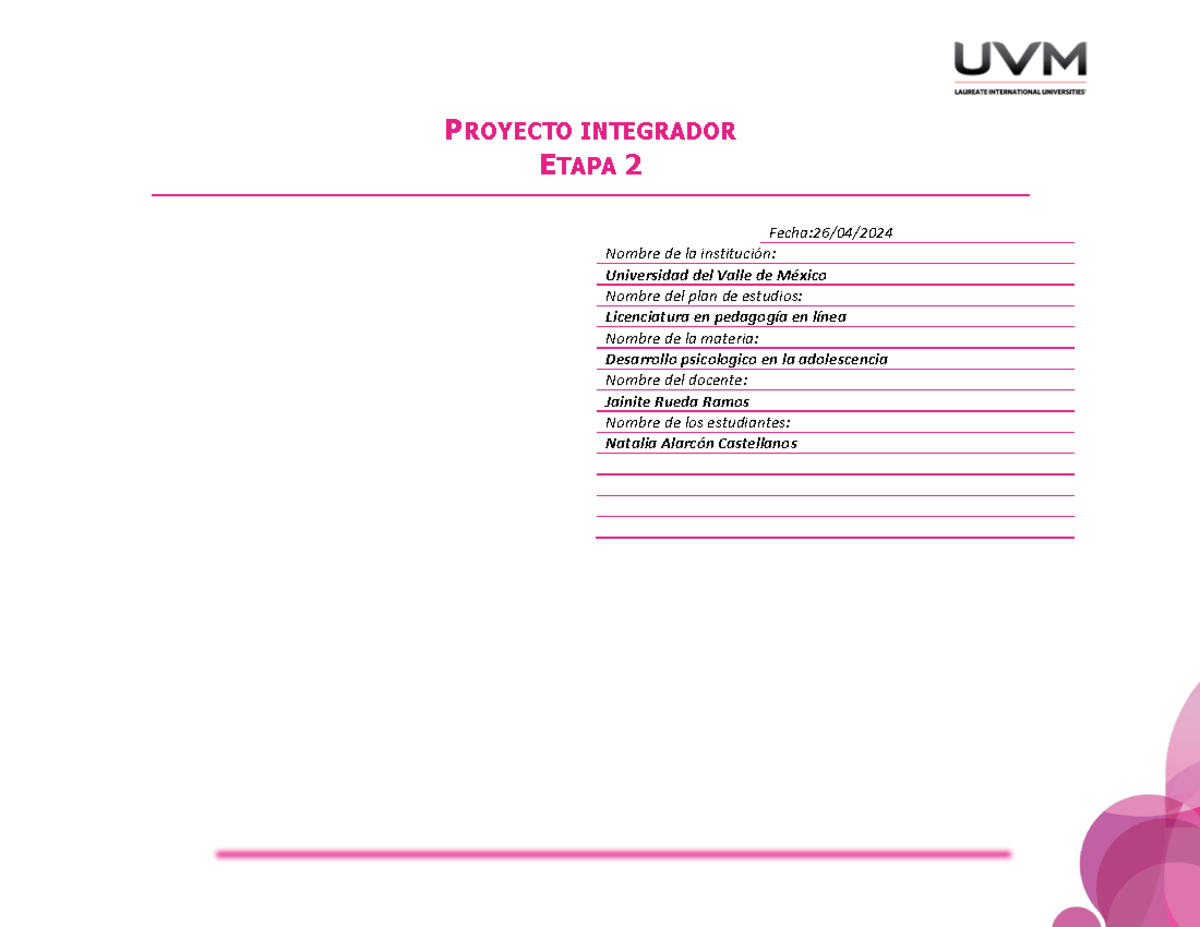 proyecto integrador 2 - E TAPA 2 Fecha: 26 / 04 / 2024 Nombre de la institución: Universidad del ...