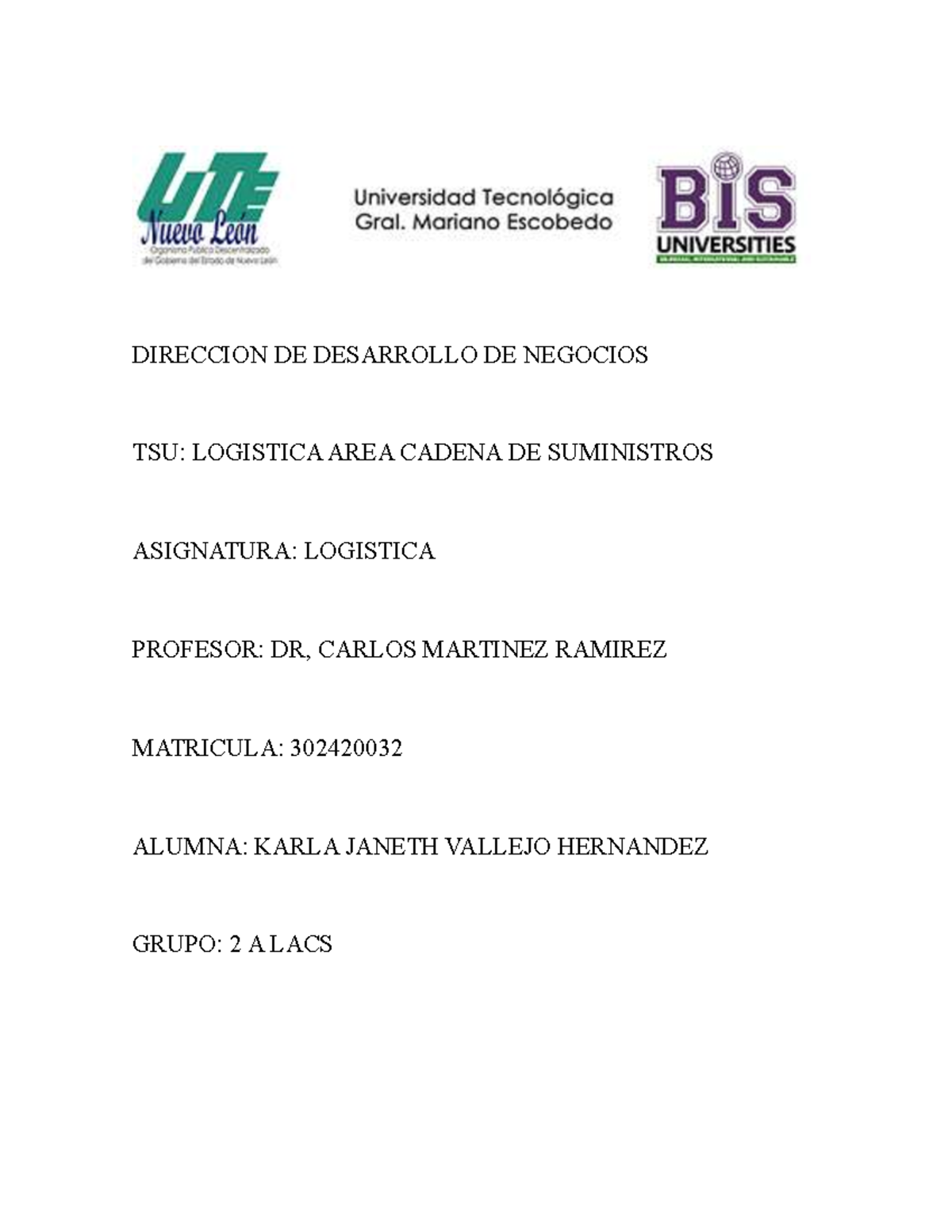 Logistica T2 KJVH - Reporte de Aprendizaje de la Unidad 1 - DIRECCION ...