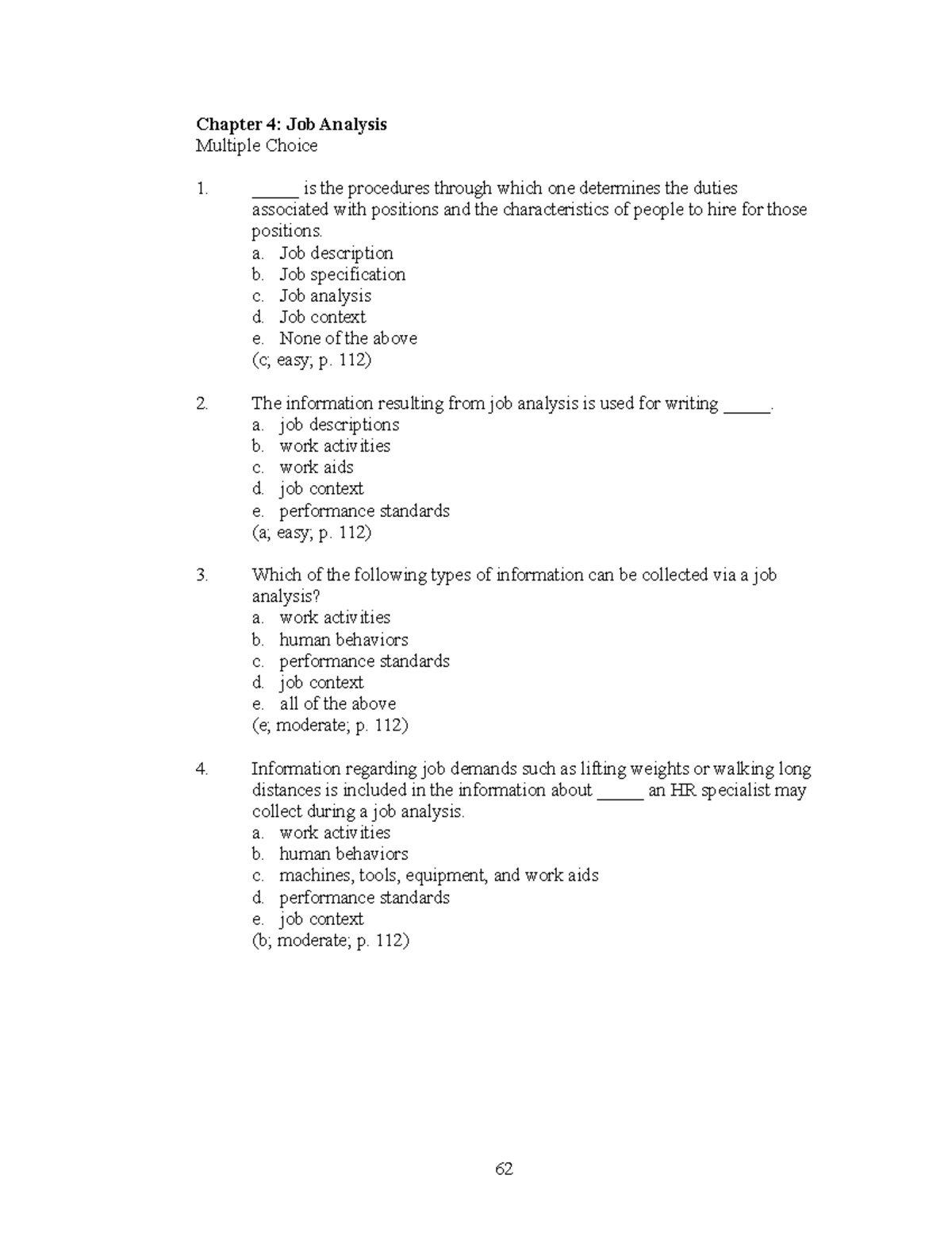 Chapter 4 Job Analysis Multiple Choice Human Resources Studocu