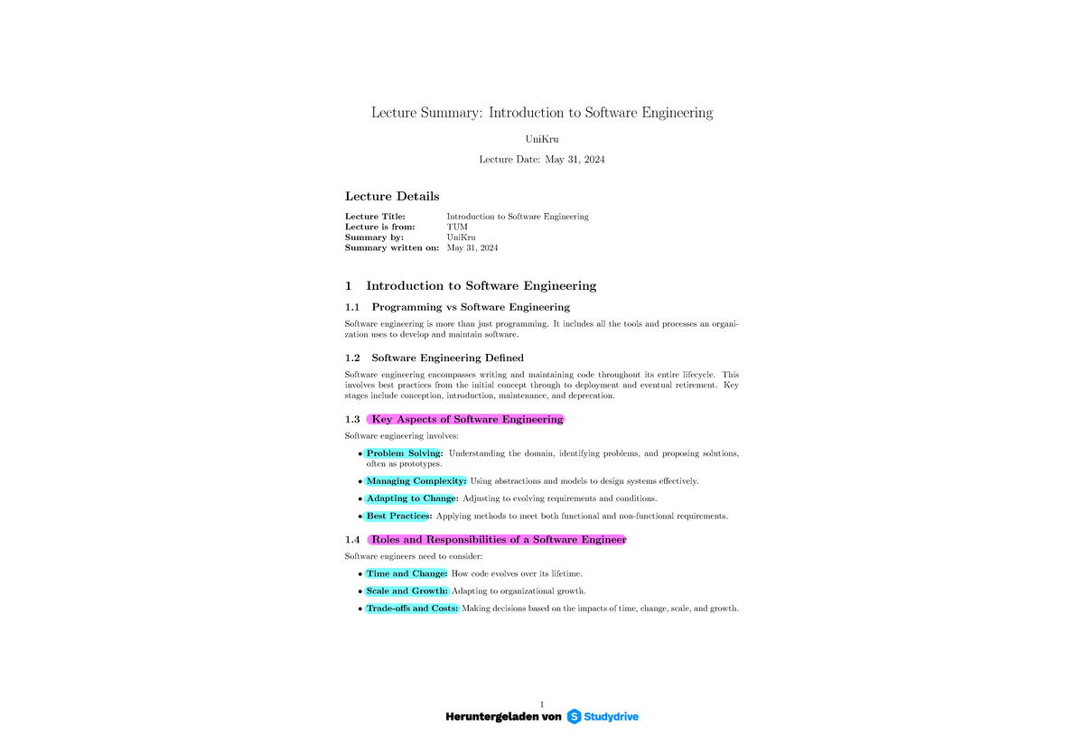 summary eist (IN0006) - Lecture Summary: Introduction to Software Engineering UniKru Lecture ...