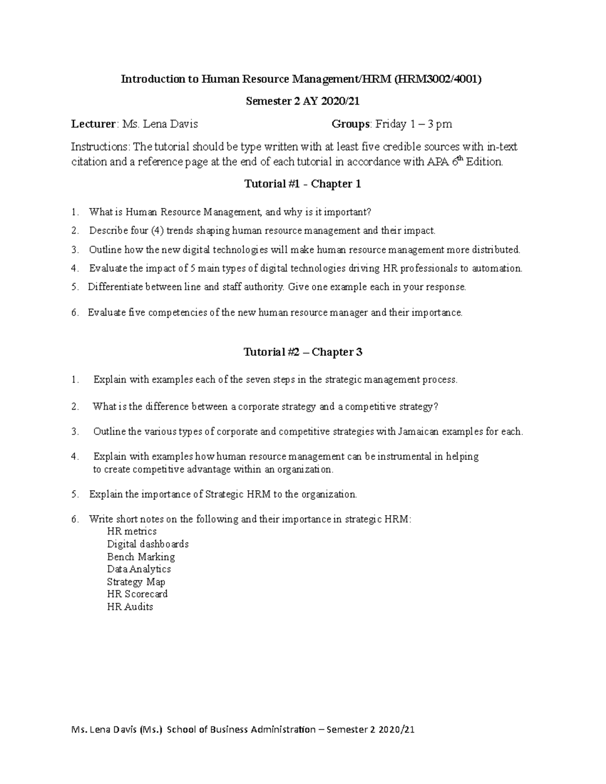 Intro to HRM Tutorial 1 2 January 2021 - Introduction to Human Resource ...