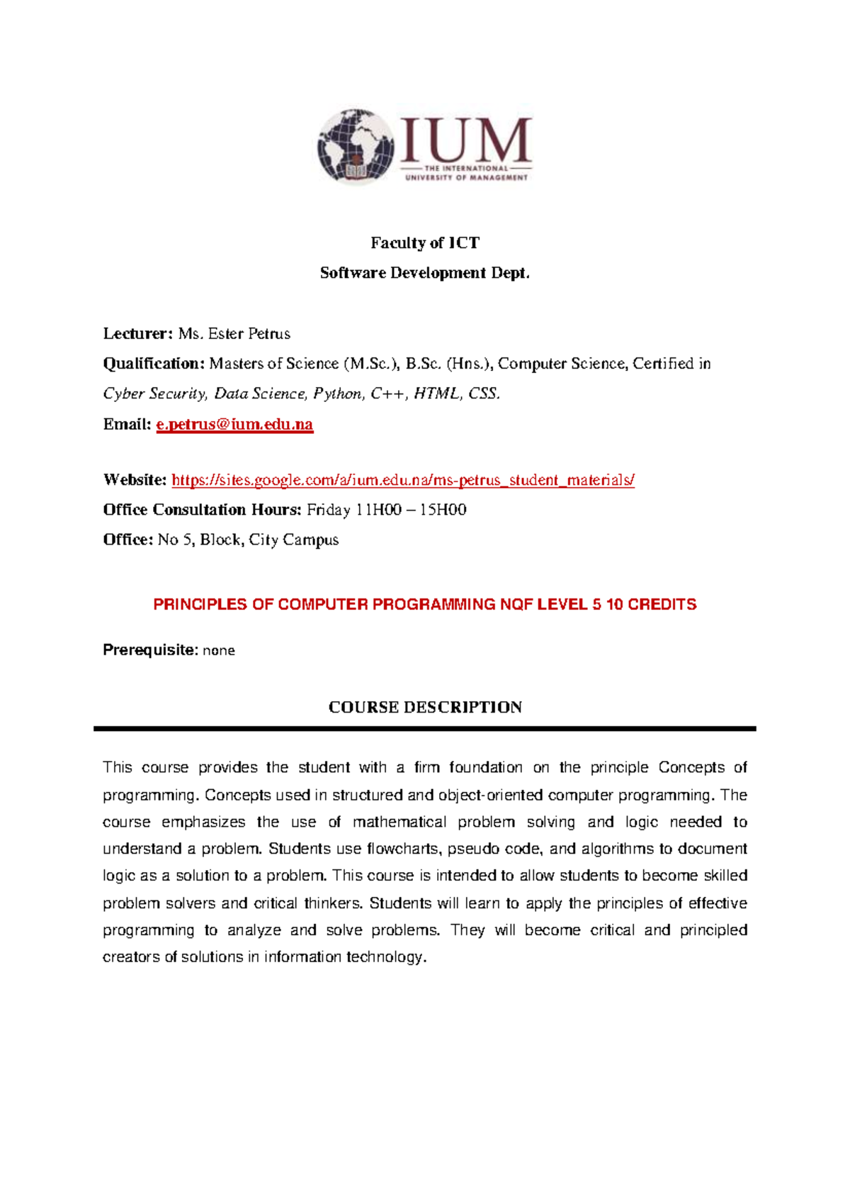Computer Programming Course Outline - Faculty of ICT Software ...