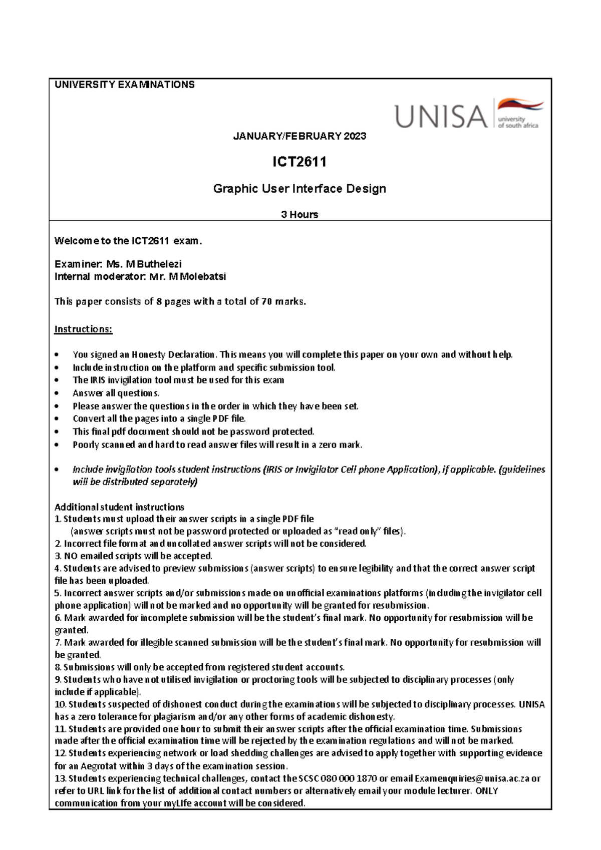 ICT2611 Jan Feb 2023 Exam - UNIVERSITY EXAMINATIONS JANUARY/FEBRUARY ...