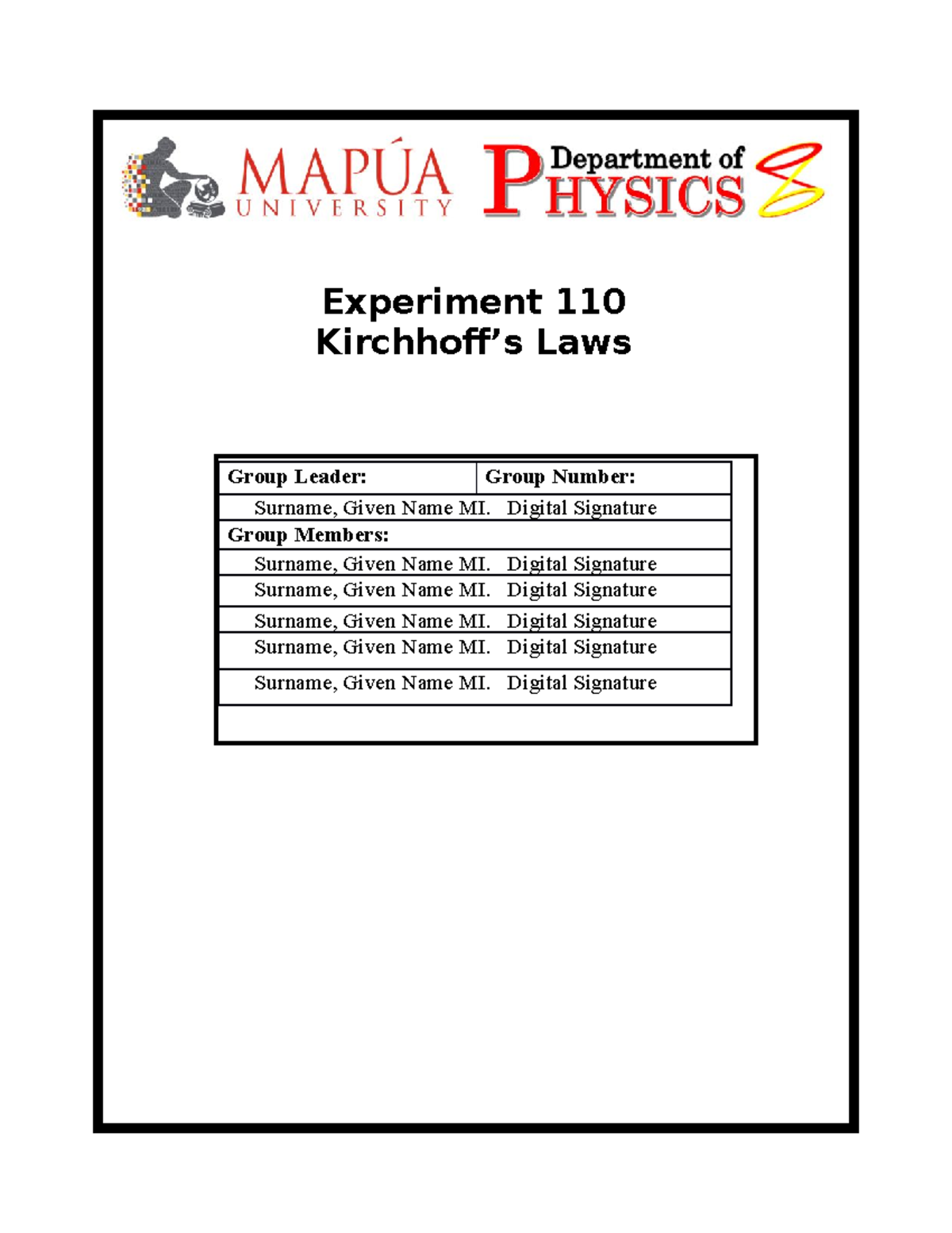 Experiment 110 Kirchhoffs Laws - Experiment 110 Kirchhoff’s Laws Group ...