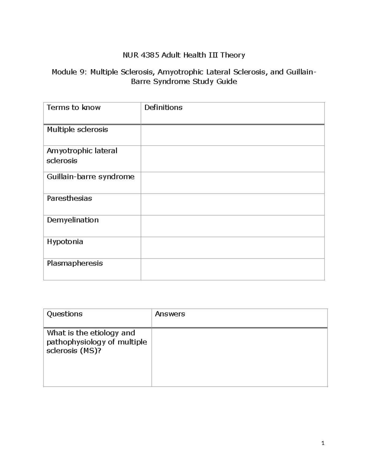 NUR 4385 Adult Health III Theory Module 9 Multiple Sclerosis, Amyotrophic Lateral Sclerosis, and ...