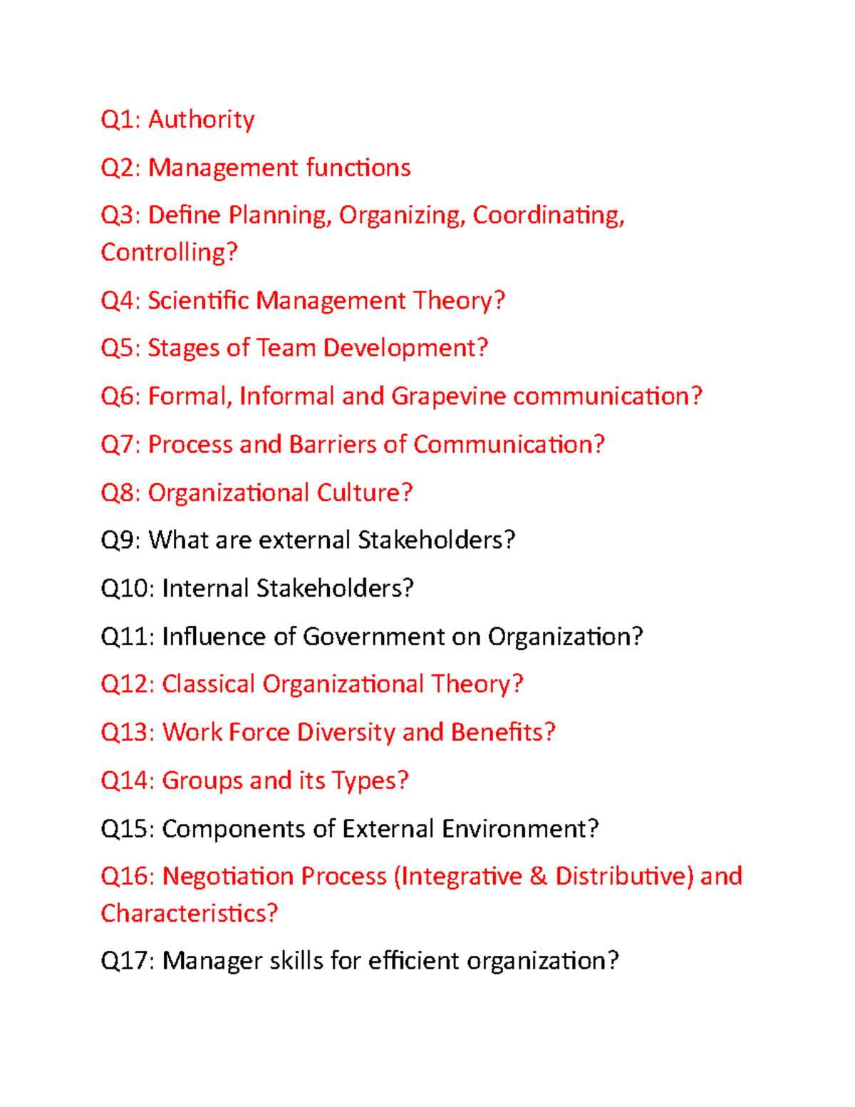 Fundamentals of Management Questions - Q1: Authority Q2: Management functions Q3: Define ...